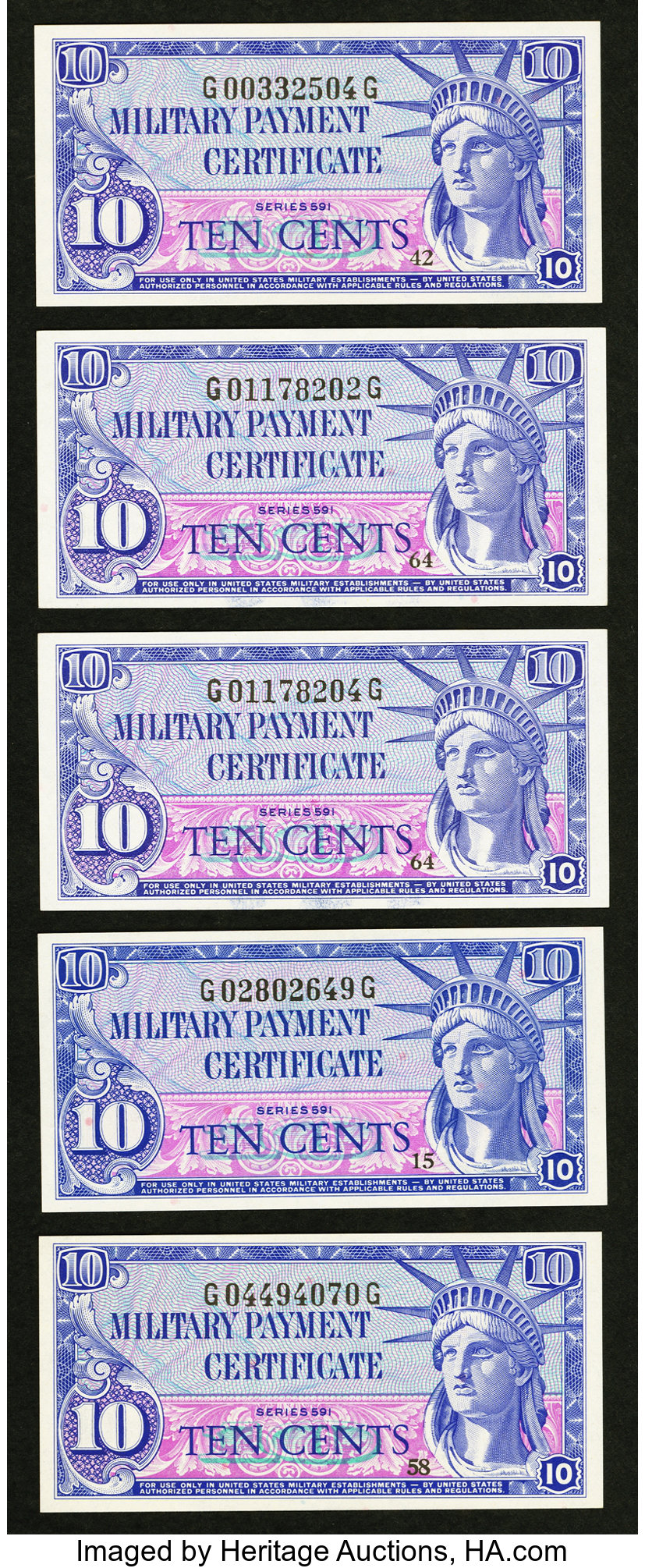 Series 591 10¢ Five Examples Choice New or Better. . ... (Total: 5 ...