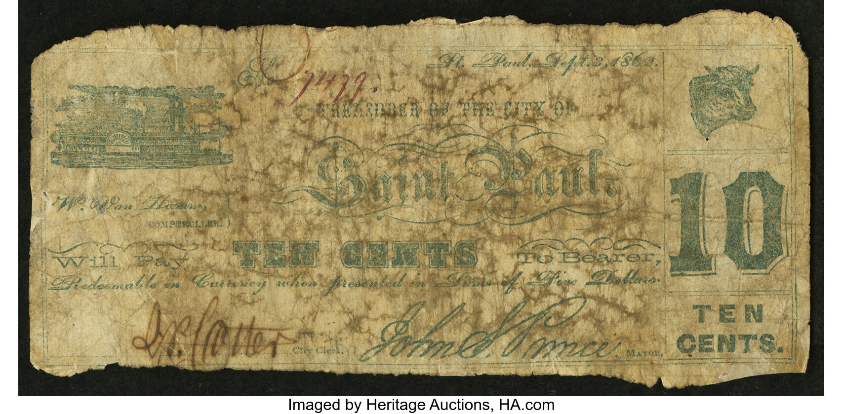 St. Paul, MN- Treasurer of the City of St. Paul 10¢ Sep. 3, 1862 | Lot ...