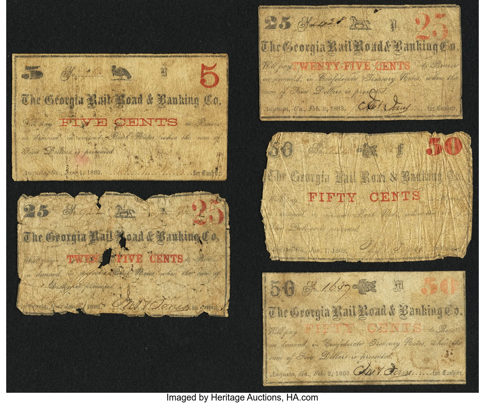 Augusta, GA- Georgia Rail Road & Banking Co. 5¢; 25¢ (2); 50¢ (2) | Lot ...