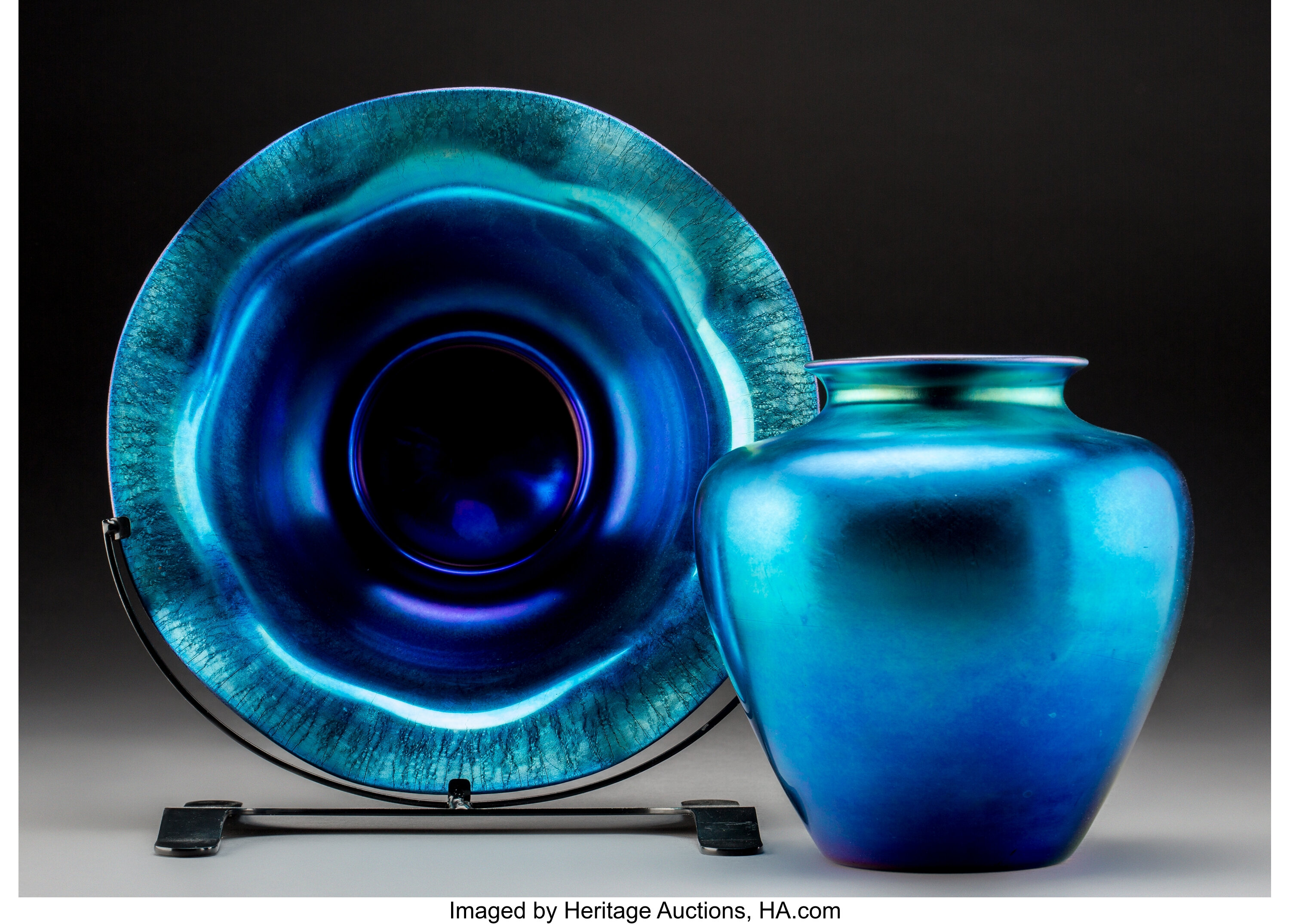 Steuben Blue Aurene Glass Vase and Center Bowl on Stand. 20th | Lot ...