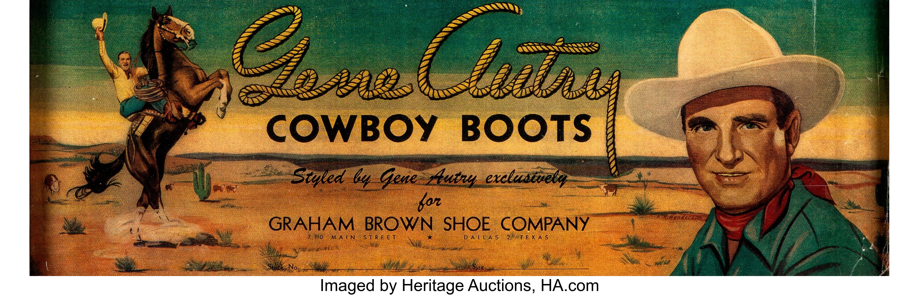 Gene Autry Cowboy Boots Display Card (Graham Brown Shoe Co., c. | Lot ...