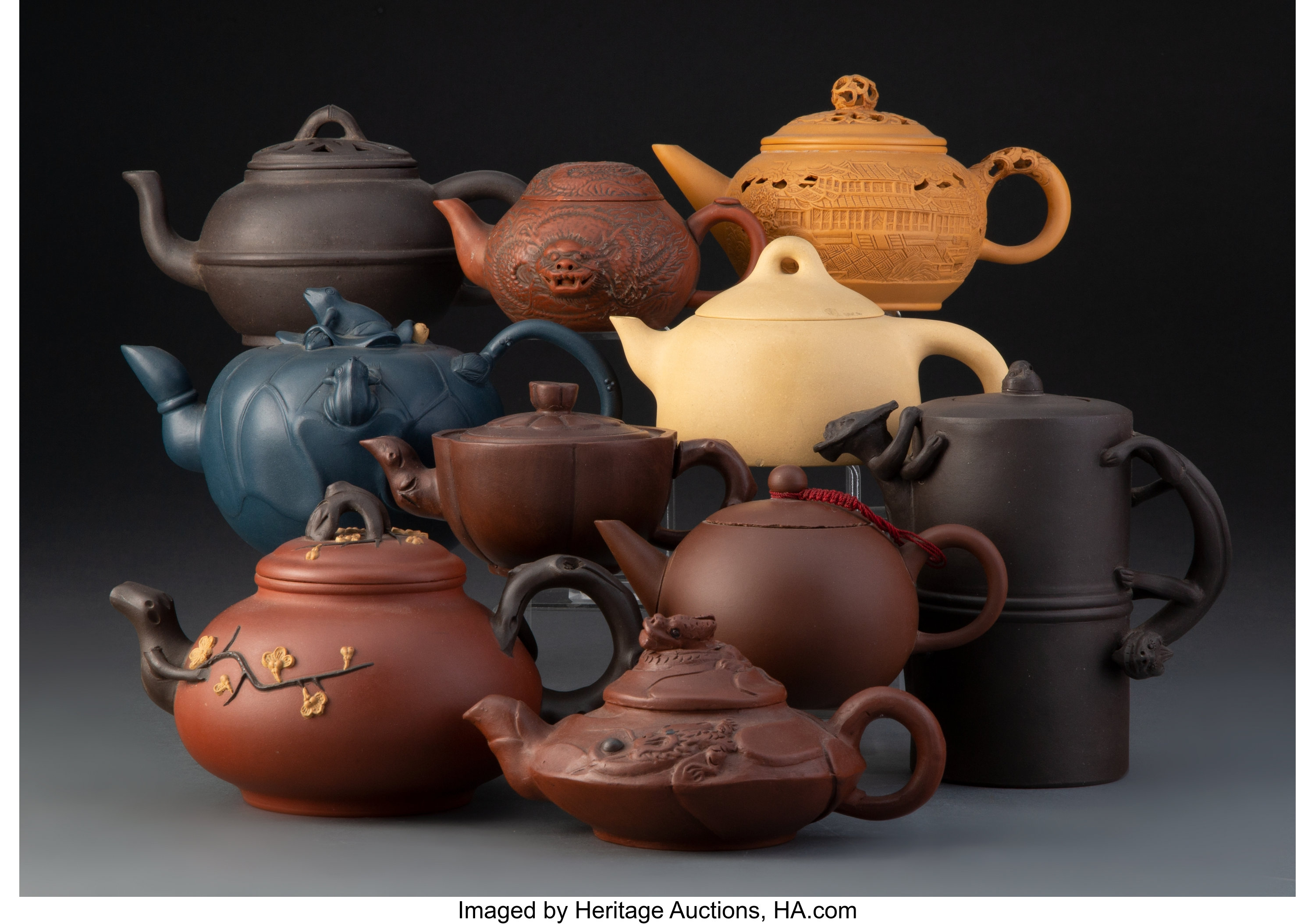 A Group of Ten Chinese Yixing Pottery Teapots. Marks to tallest: | Lot ...