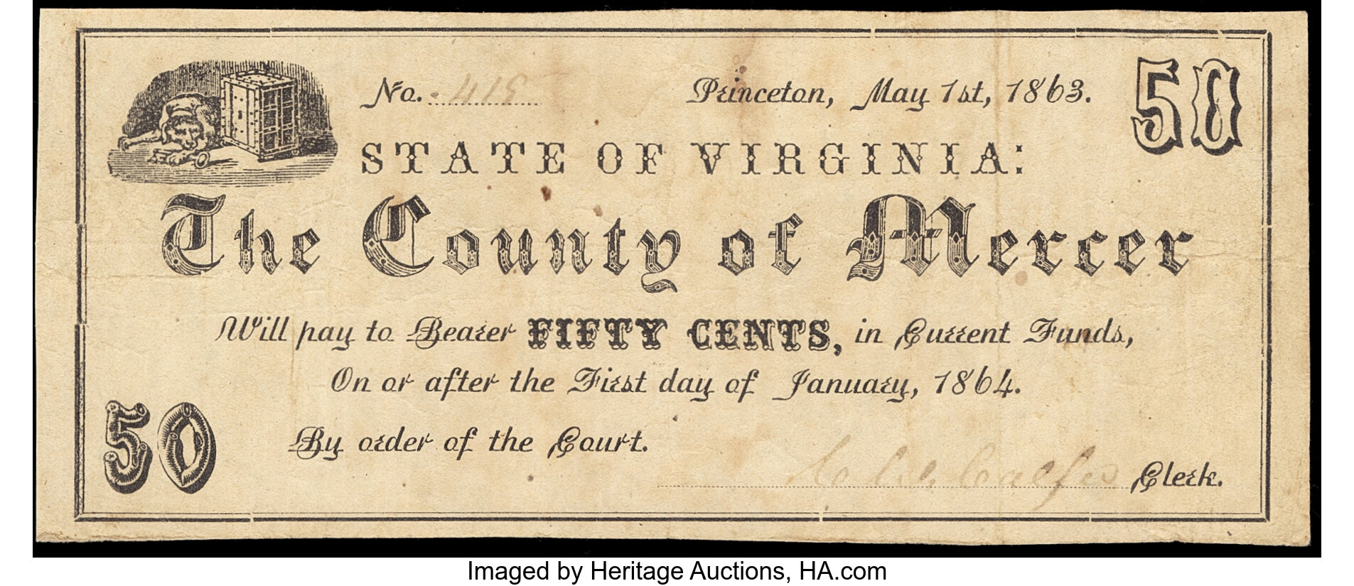 Princeton, VA- County of Mercer 50¢ May 1, 1863 Jones CM08-02 | Lot ...