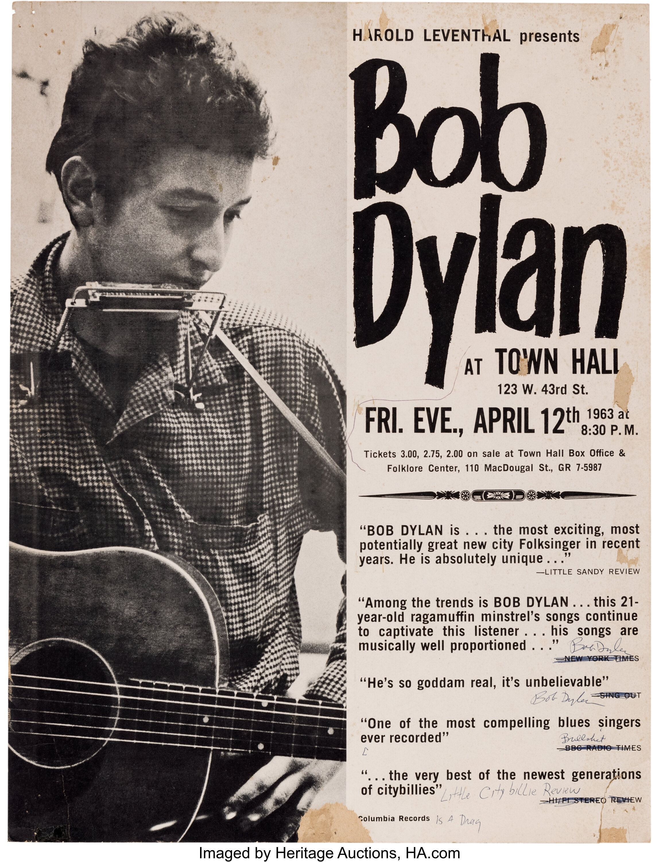 Bob Dylan 1963 Town Hall, NY Autographed & Doodled Concert | Lot #89191 ...