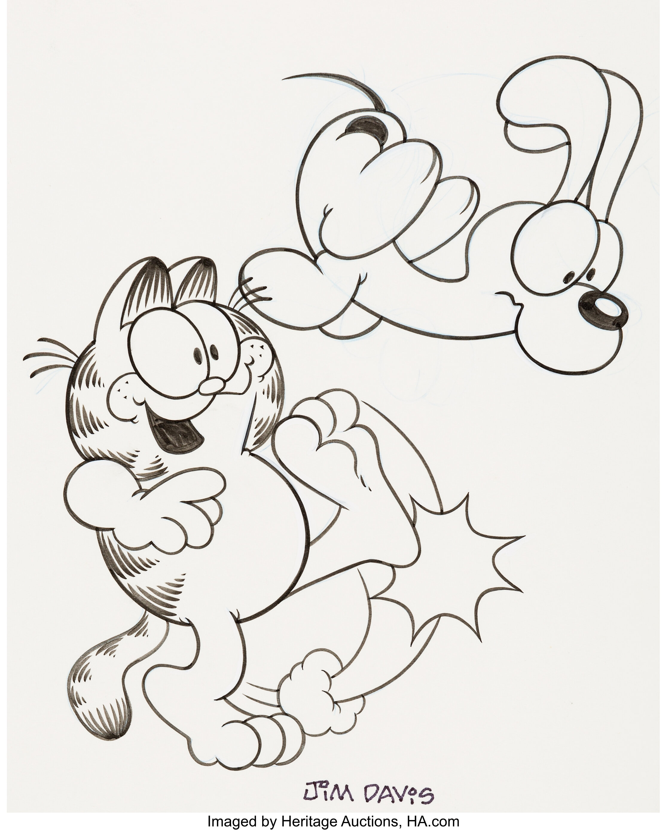 Jim Davis - Garfield Kicking Odie Illustration Original Art (c. | Lot ...
