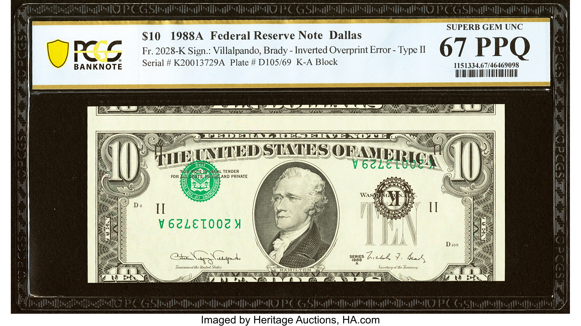 Inverted Third Printing Error Fr. 2028-K $10 1988A Federal Reserve ...