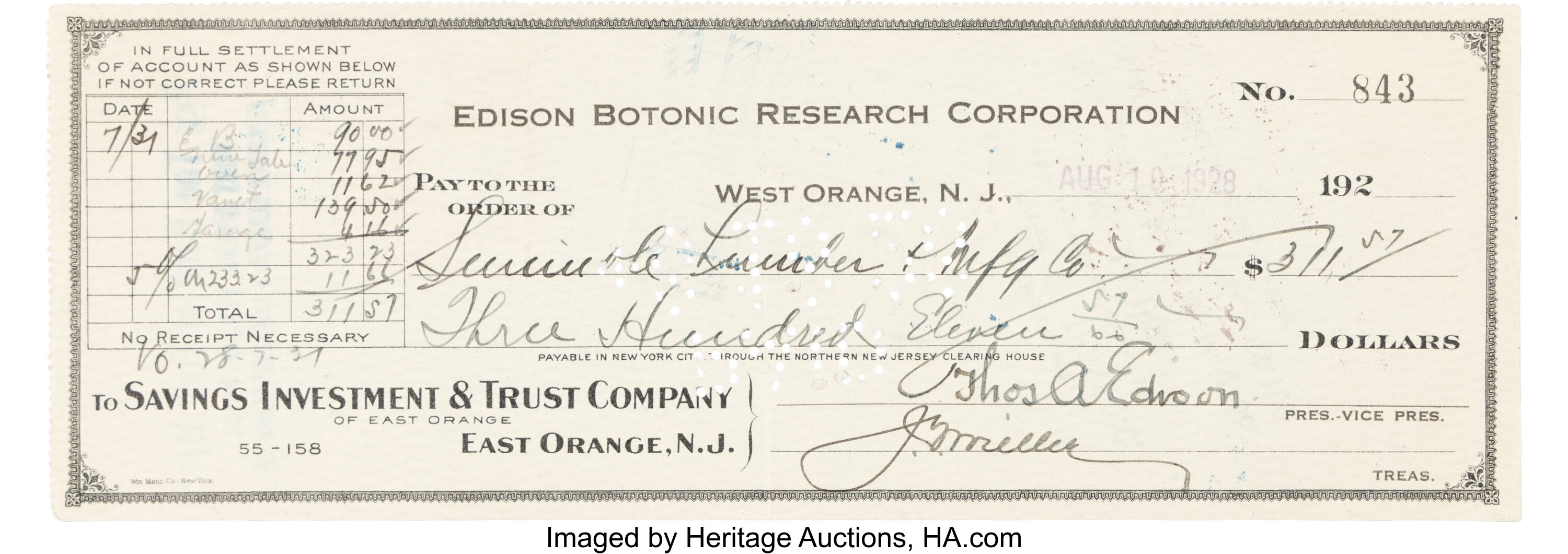 Thomas Edison Check Signed.... Autographs | Lot #47651 | Heritage Auctions