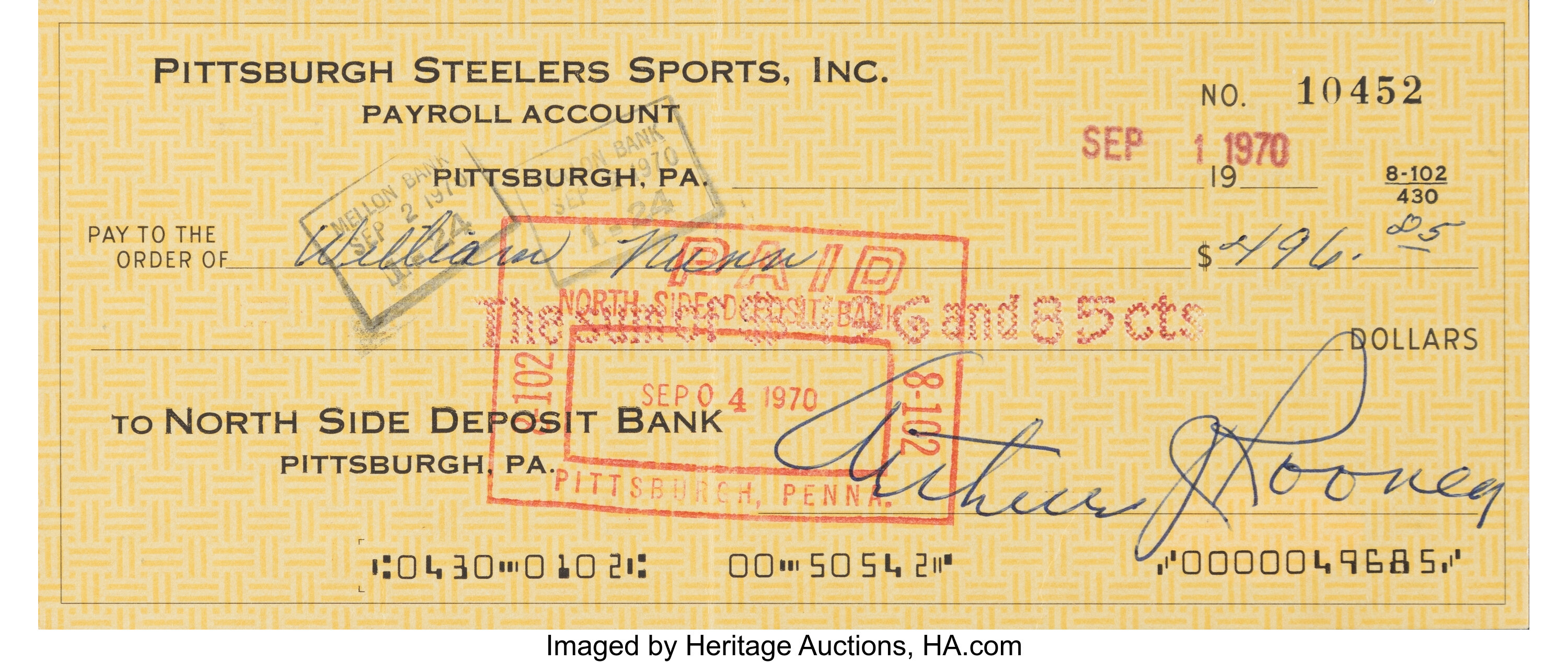 1970 Pittsburgh Steelers Payroll Check Signed by Art Rooney & Bill ...