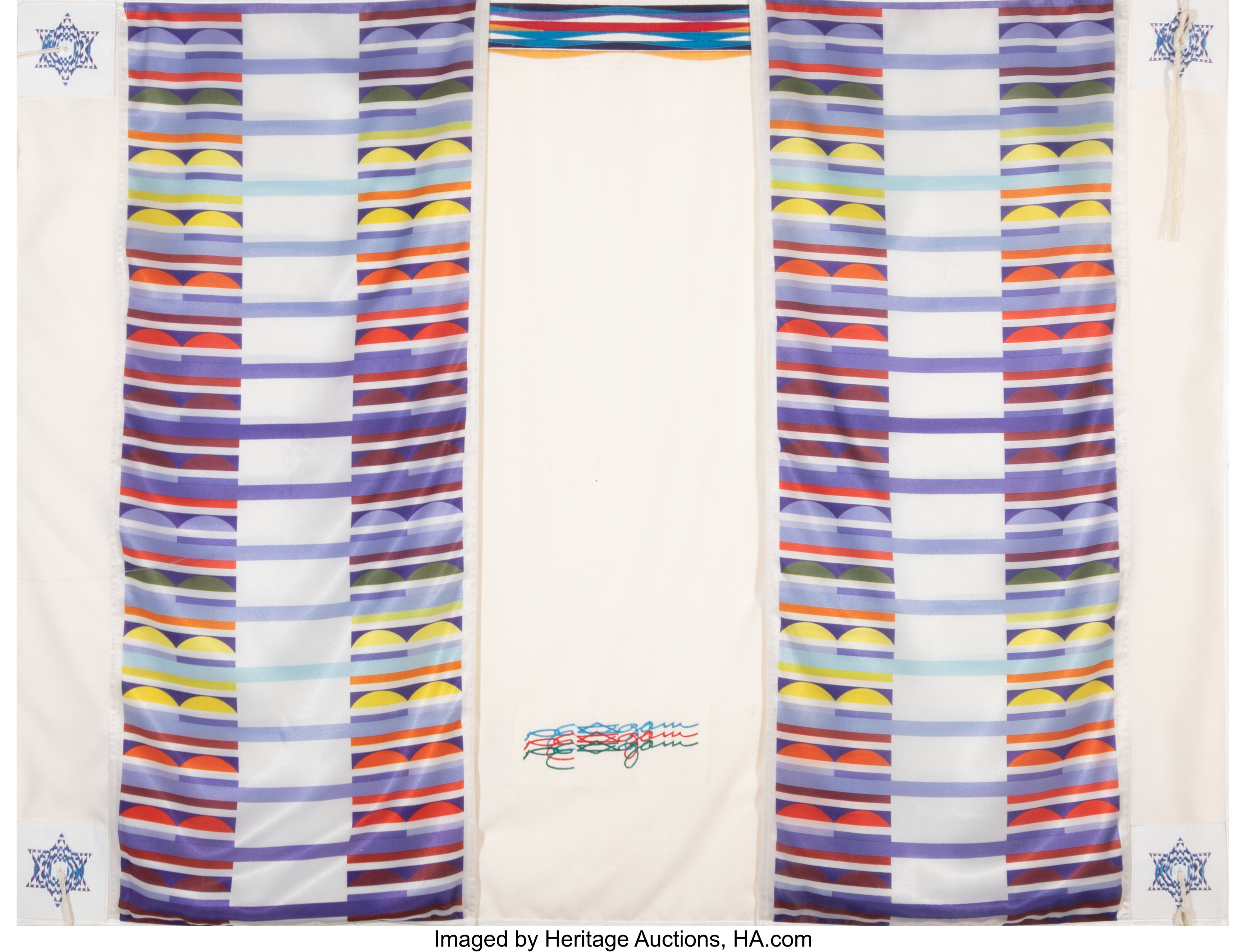 Yaacov Agam (b. 1928). Kippah (Blue); Tallit; Challah Cover (three ...