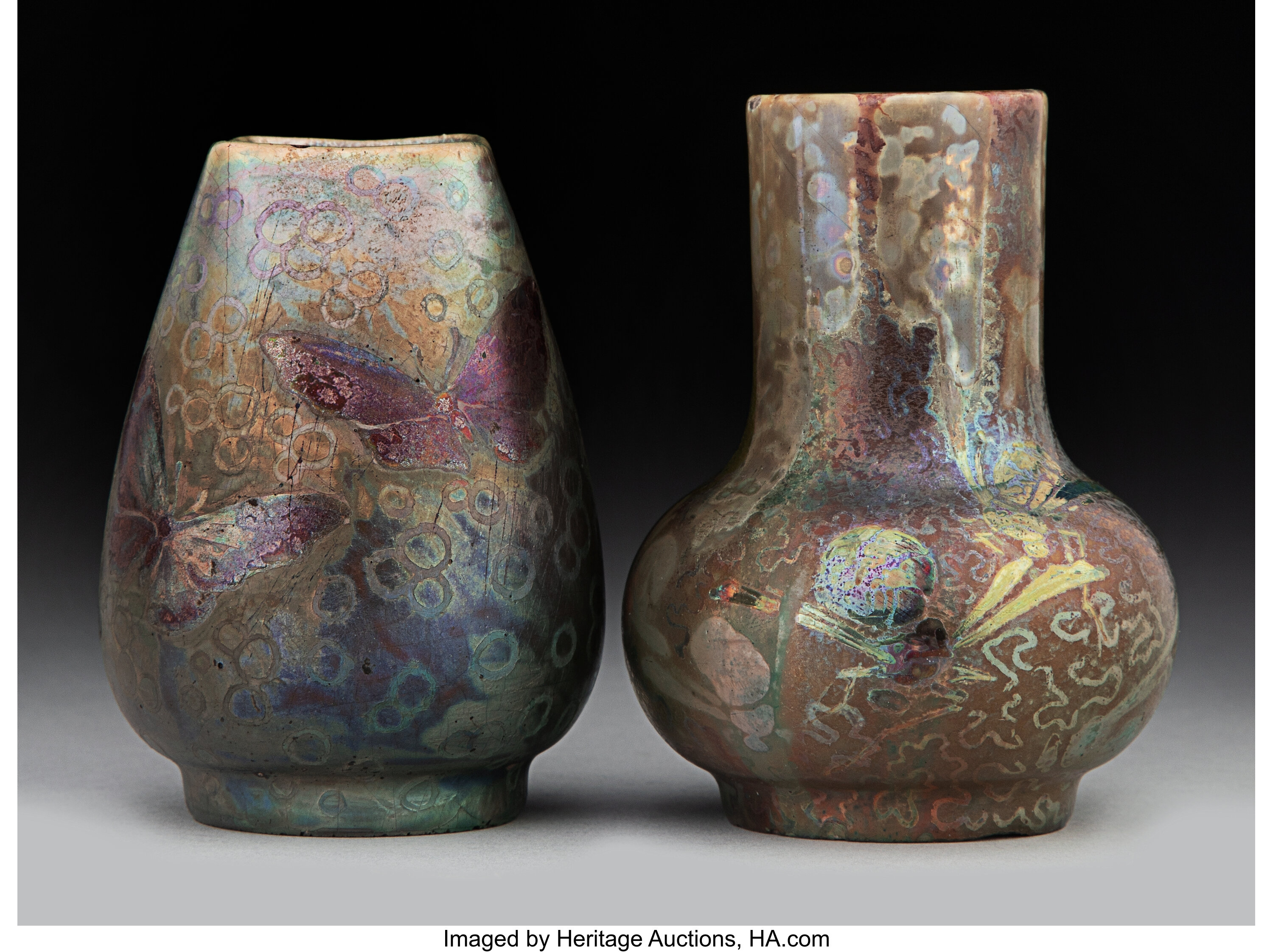 Two Clément Massier Lustre Glazed Cabinet Vases, circa 1900. Marks ...