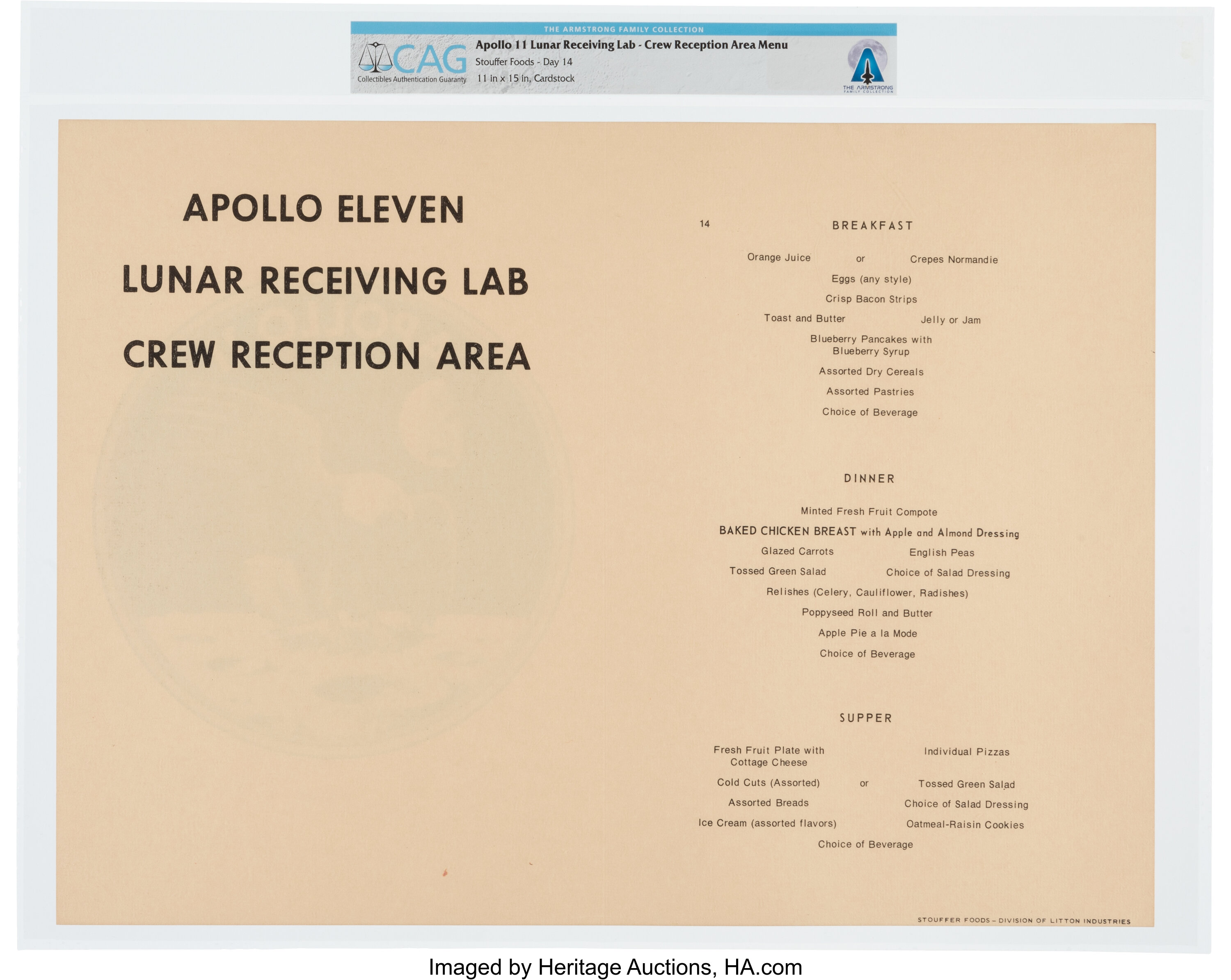 Apollo 11 Quarantine: Lunar Receiving Lab Crew Menu from Stouffer | Lot ...