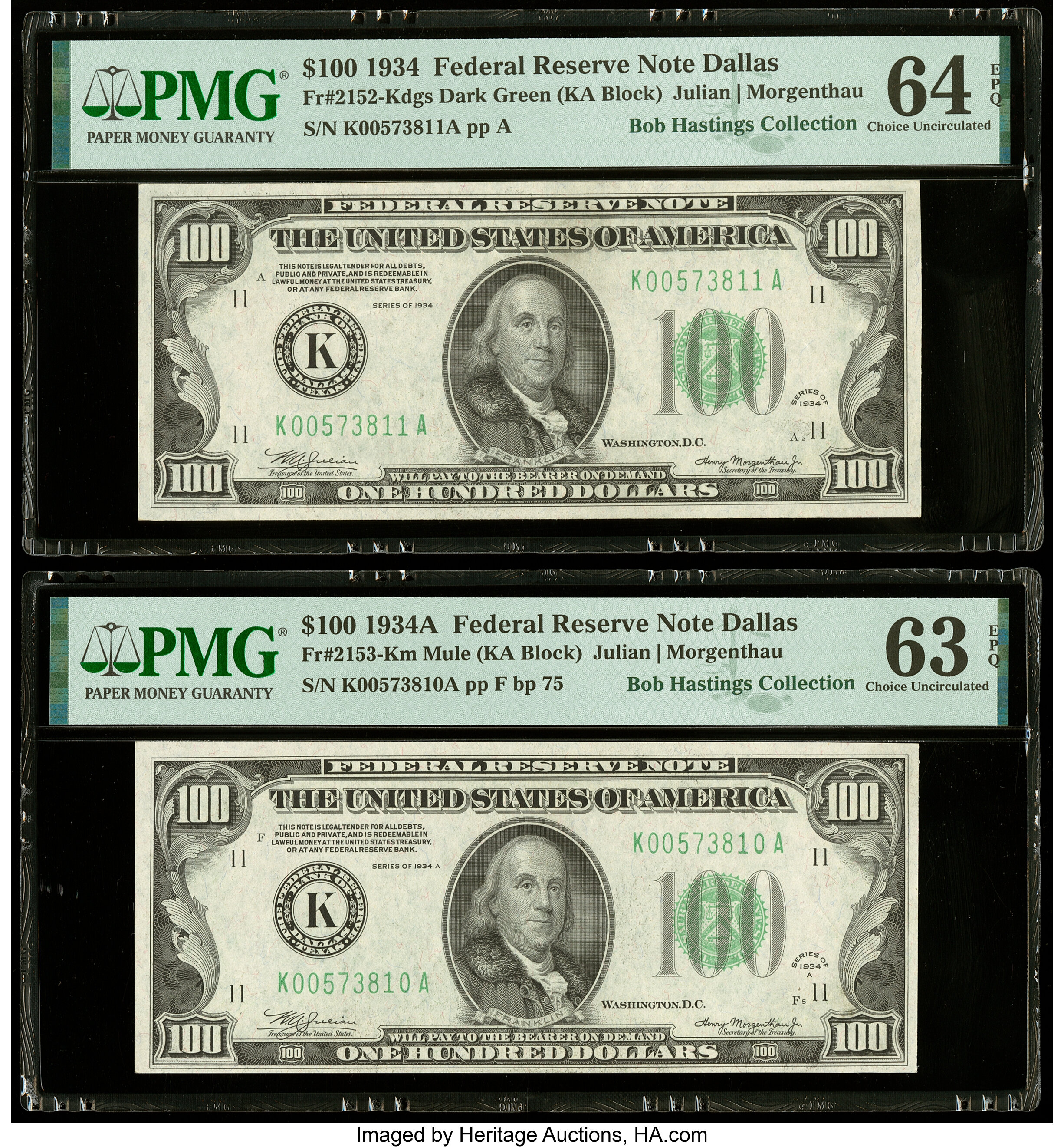 Reverse Changeover Pair Fr. 2153-K/Fr. 2152-K $100 1934A Mule/1934 ...