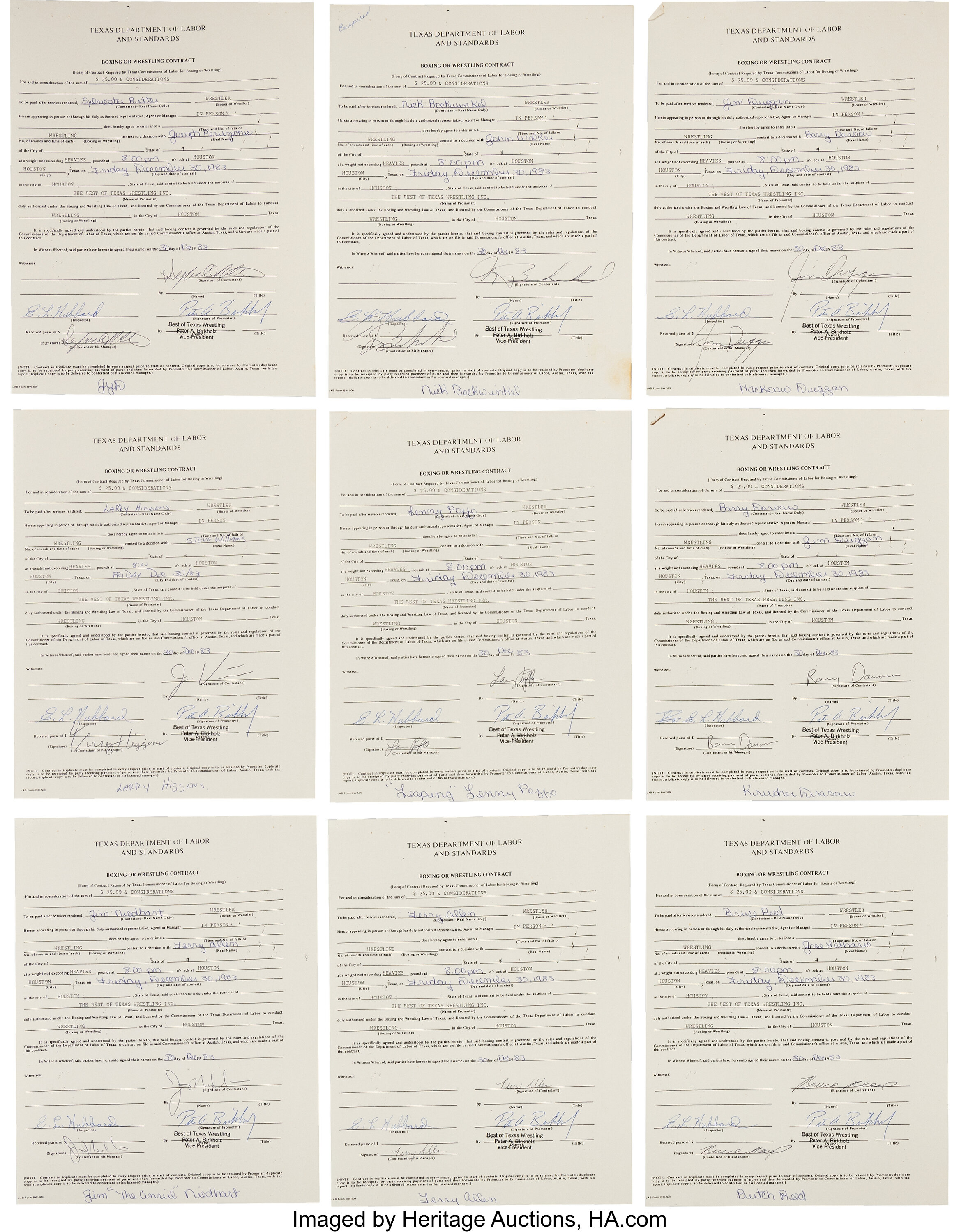 1983 Houston Wrestling Collection of 19 Signed Contracts with (2) | Lot ...