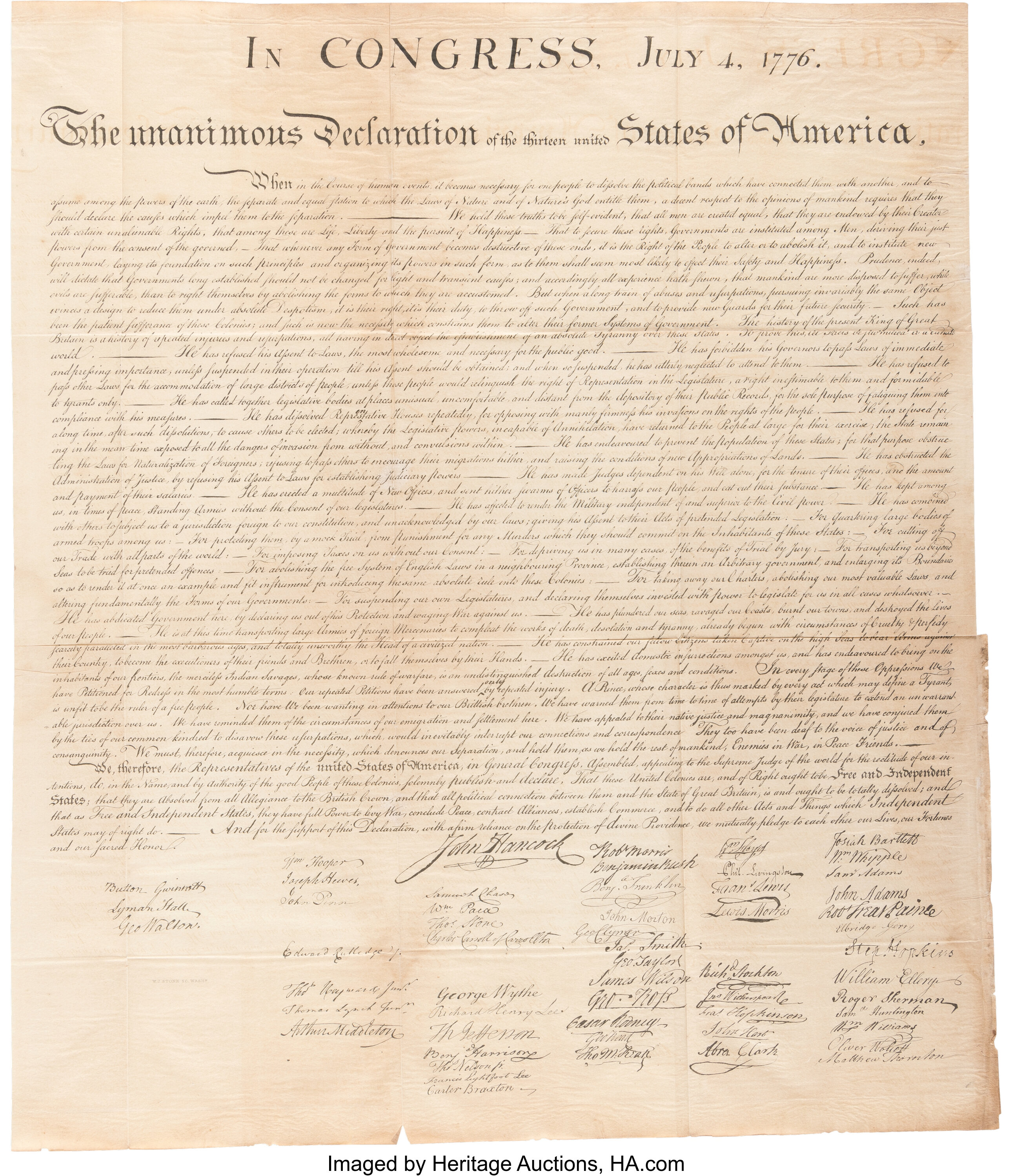 William Stone Declaration of Independence Together With a Copy of | Lot ...