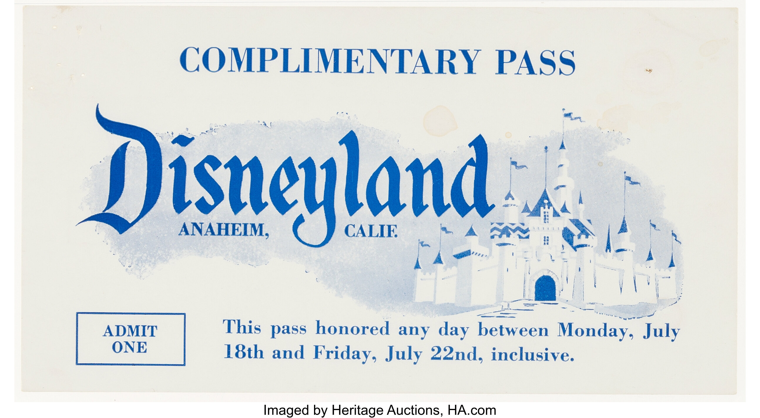 Disneyland - Opening Week Complimentary Pass RARE Large Admission | Lot ...