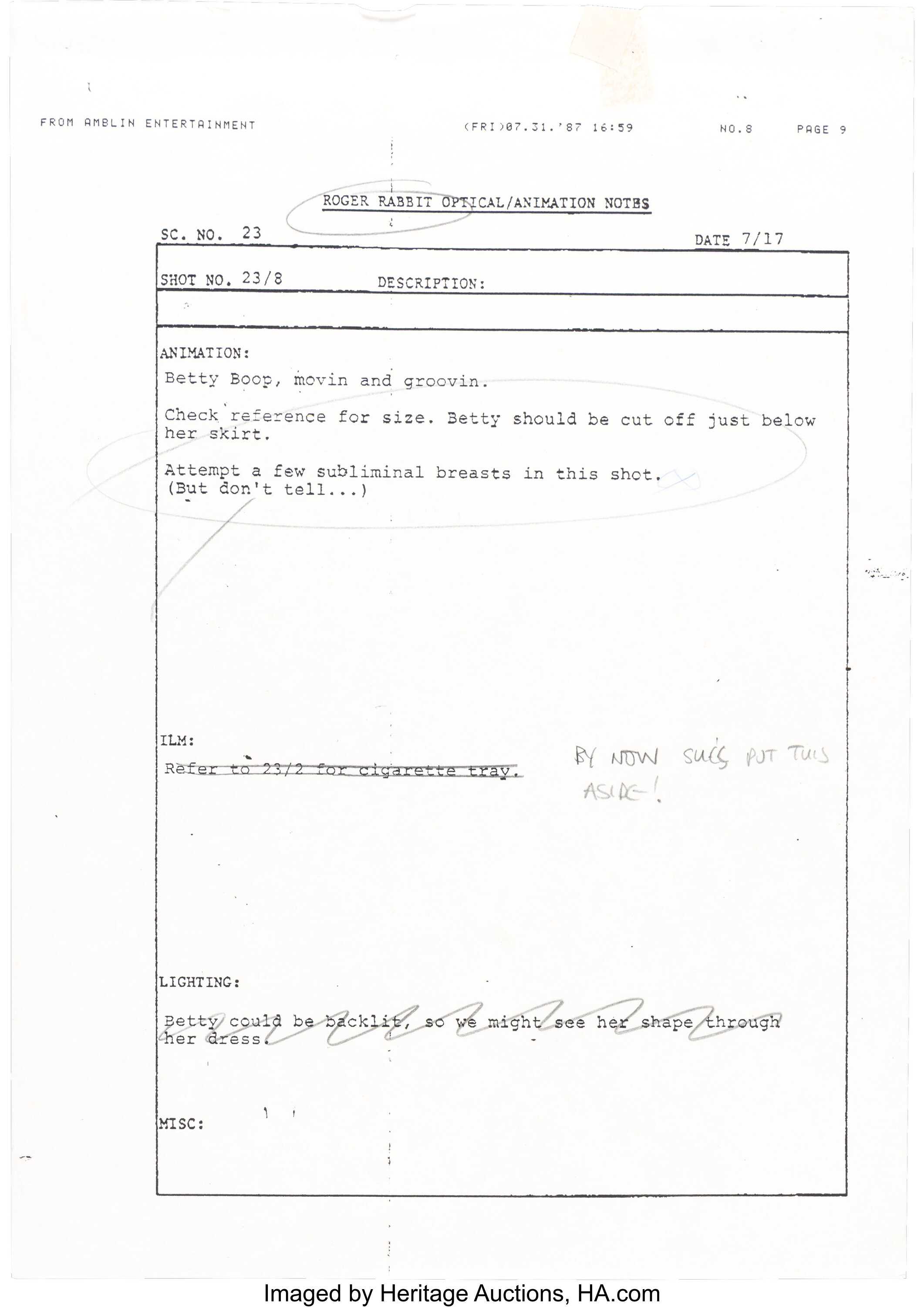 Who Framed Roger Rabbit Animation Notes Fax From Amblin Regarding | Lot ...