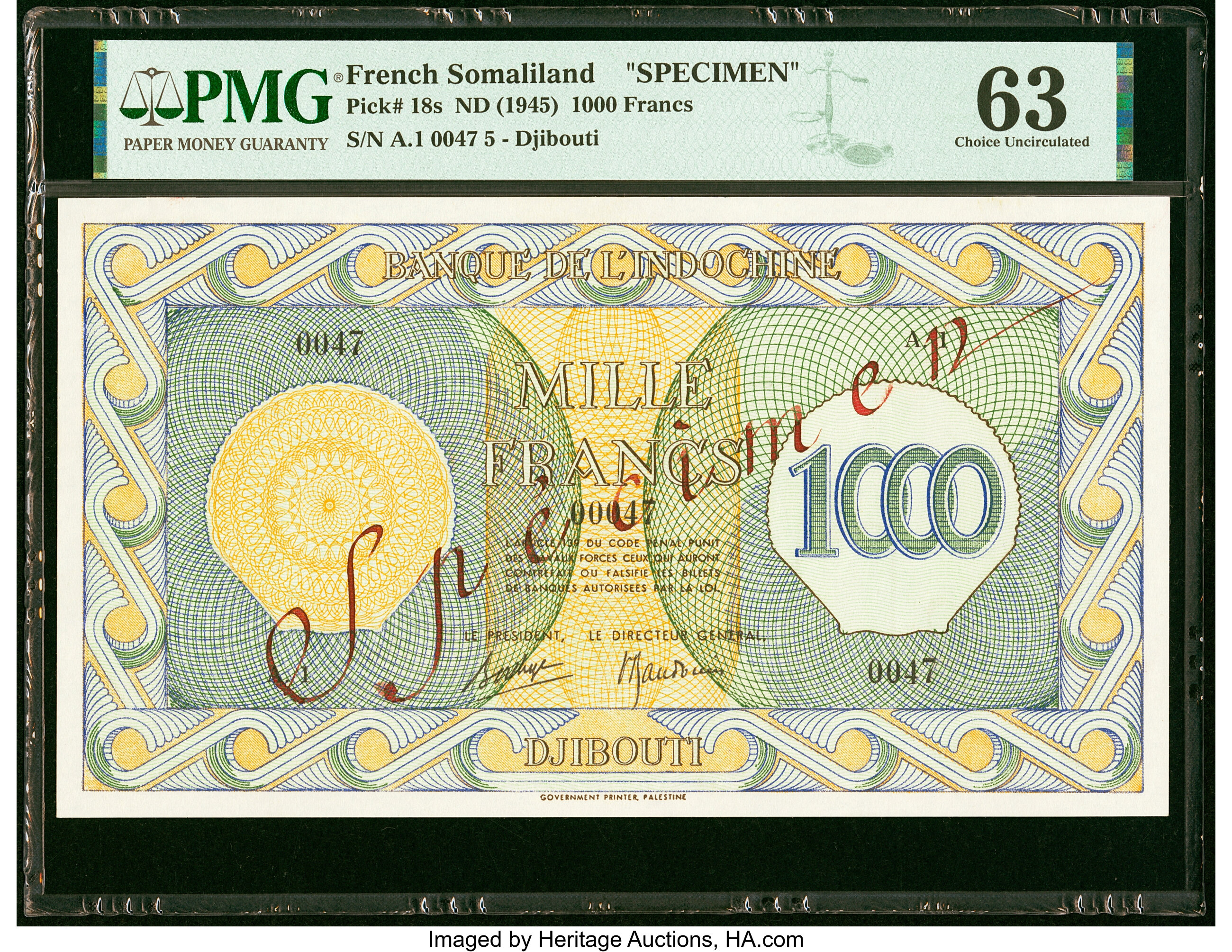 French Somaliland Banque de l'Indochine, Djibouti 1000 Francs ND | Lot ...