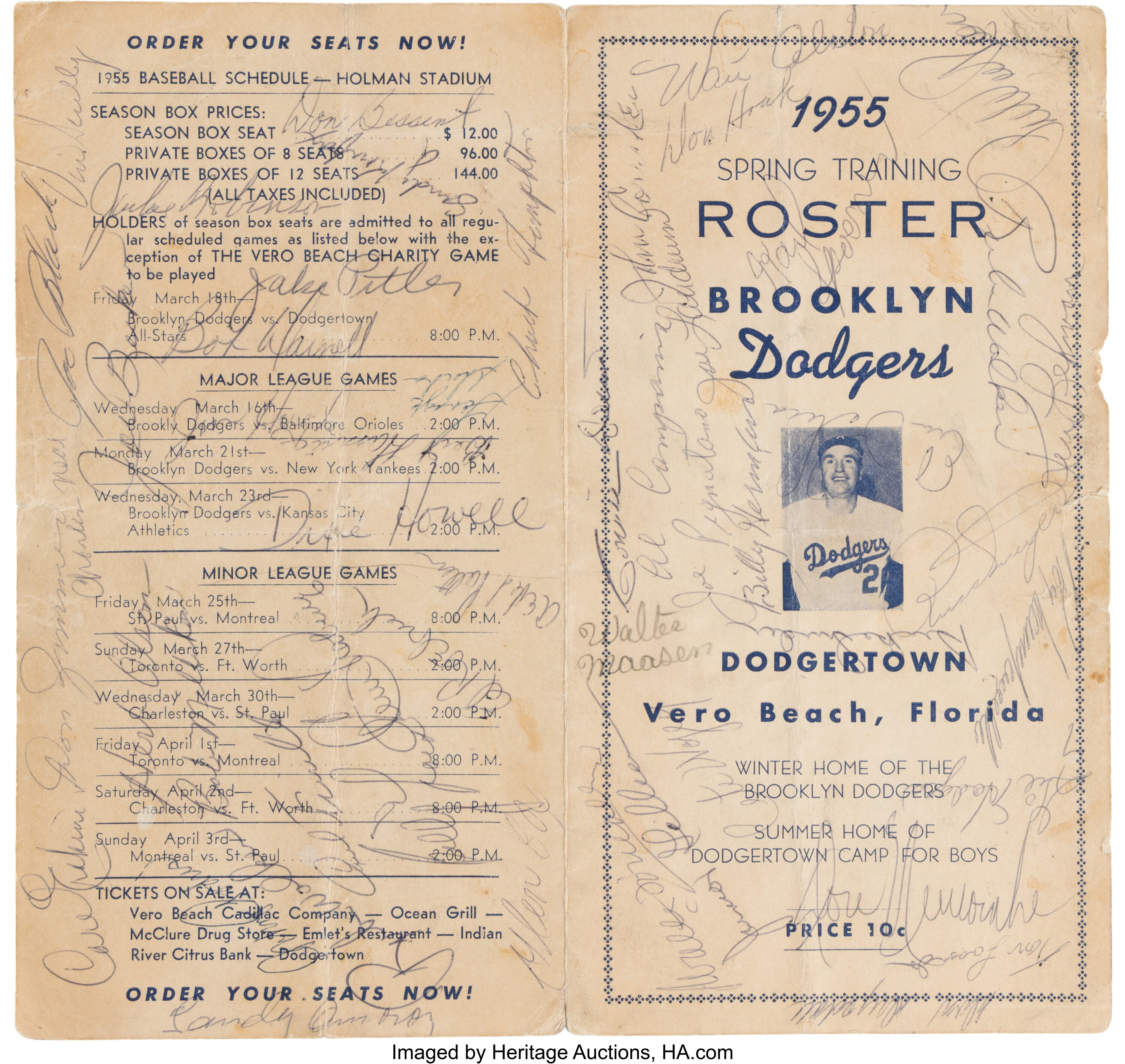 1955 Brooklyn Dodgers Team Signed Spring Training Roster Program ...