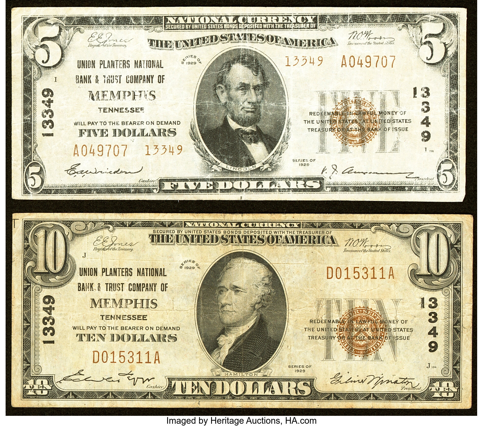 Memphis, TN - $5; $10 1929 Ty. 1 Union Planters National Bank & | Lot ...