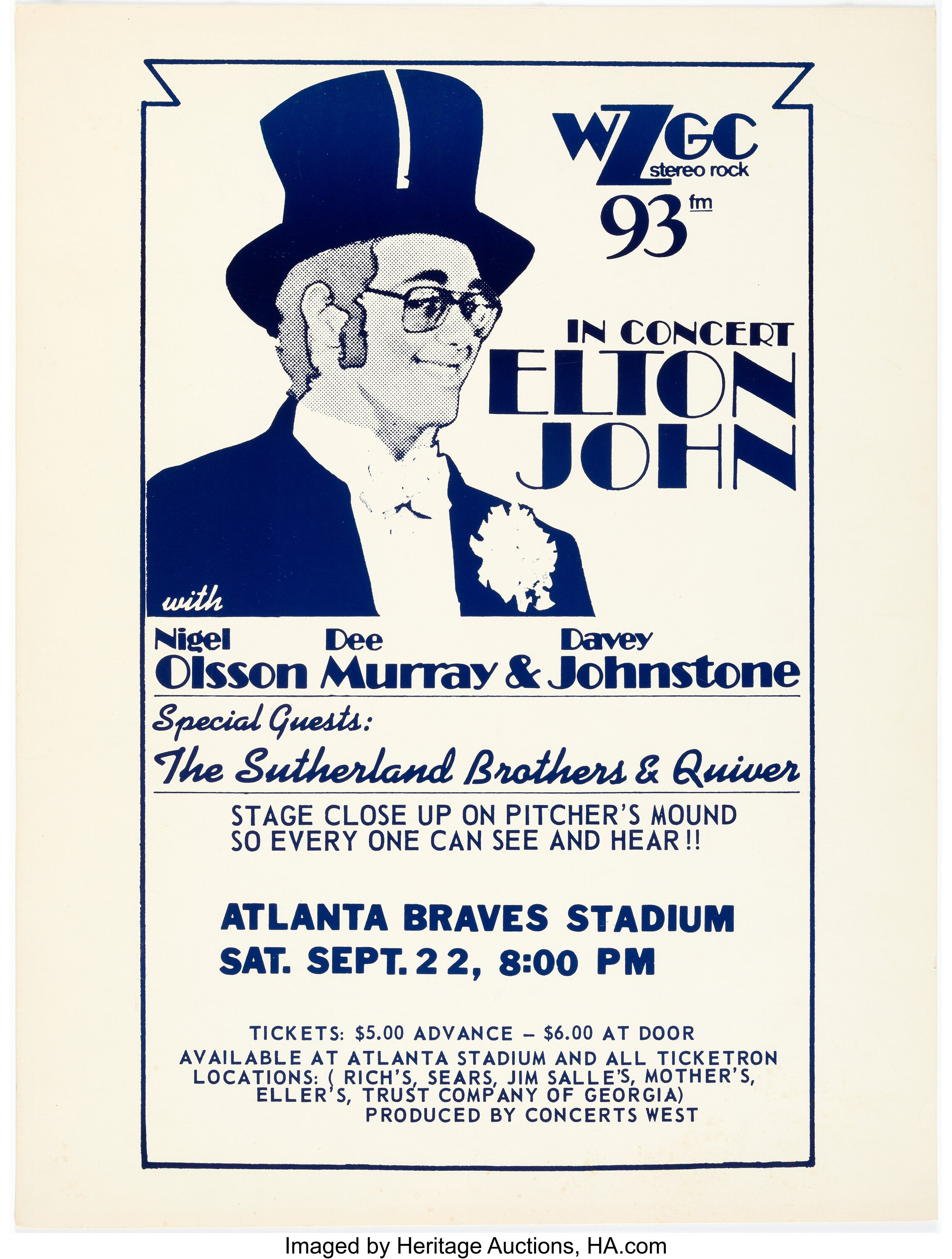 Elton John 1973 Atlanta, GA Concert Poster. ... Music Memorabilia | Lot ...