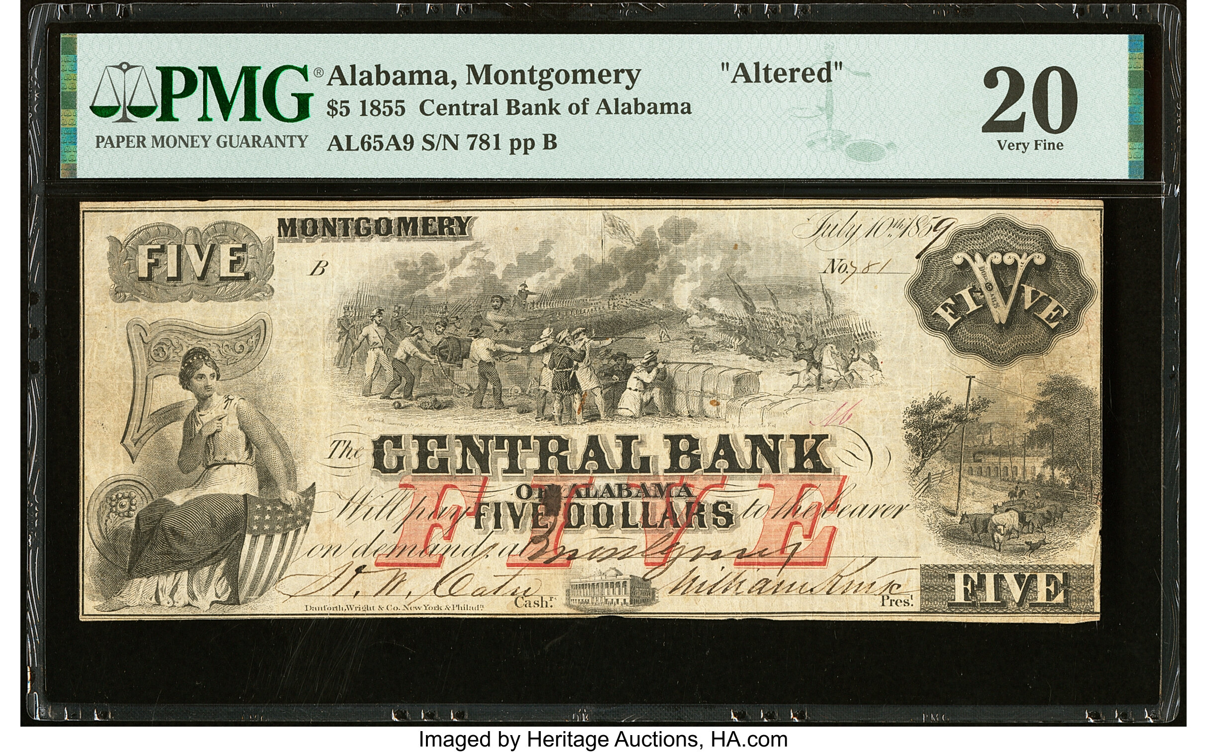Montgomery, AL- Central Bank of Alabama Altered $5 July 10, 1859 A9 ...