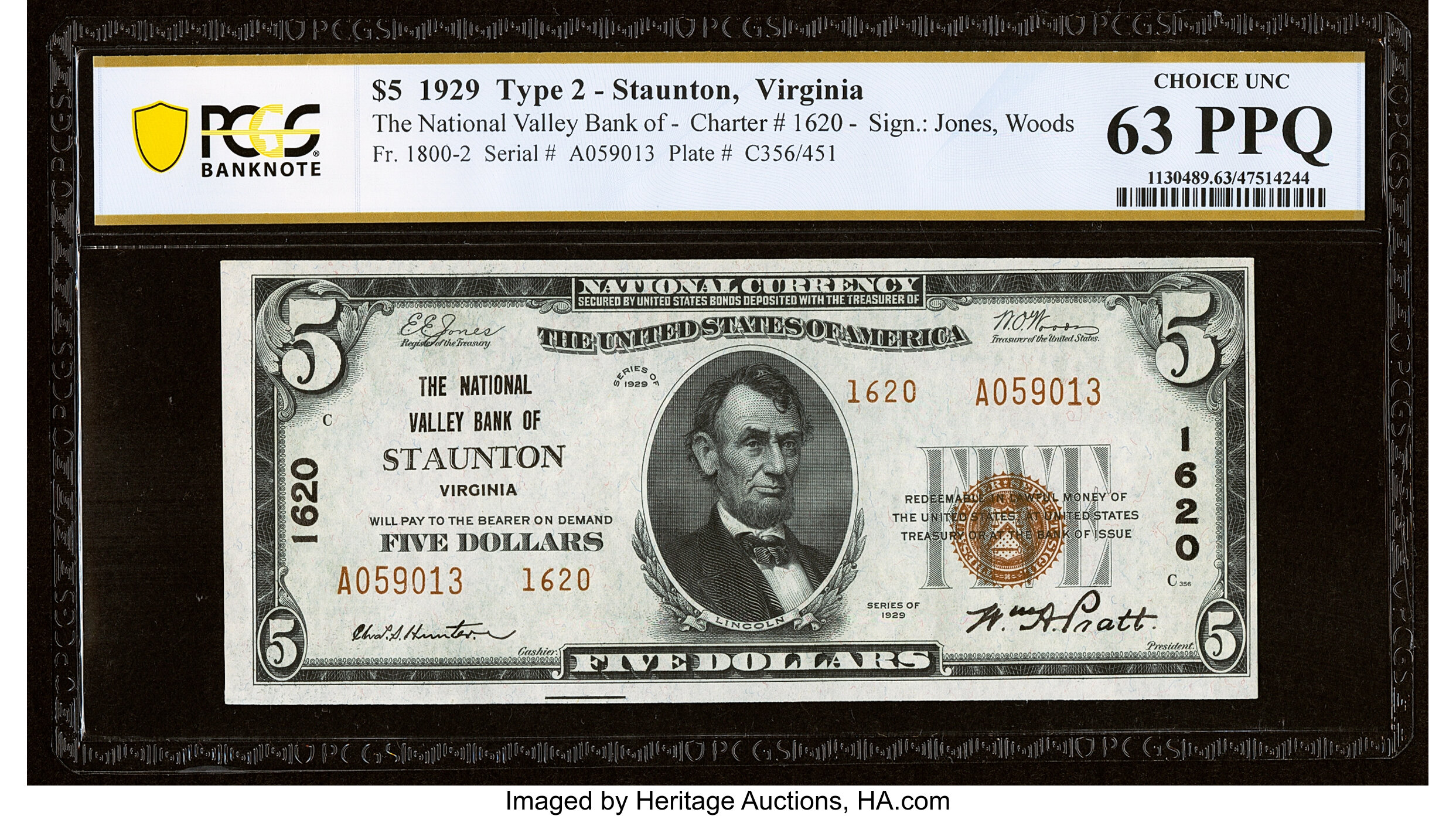 Staunton, VA - $5 1929 Ty. 2 The National Valley Bank Ch. # 1620 | Lot ...