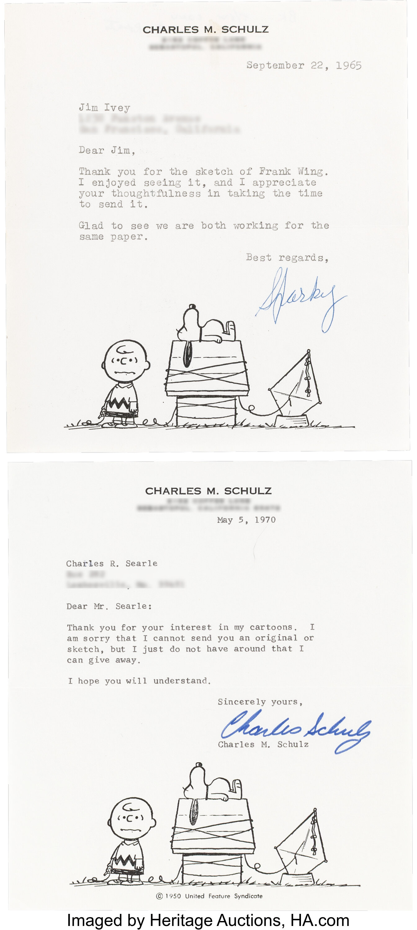 Peanuts - Charles Schulz Signed Letter, Print, and Newspaper | Lot ...