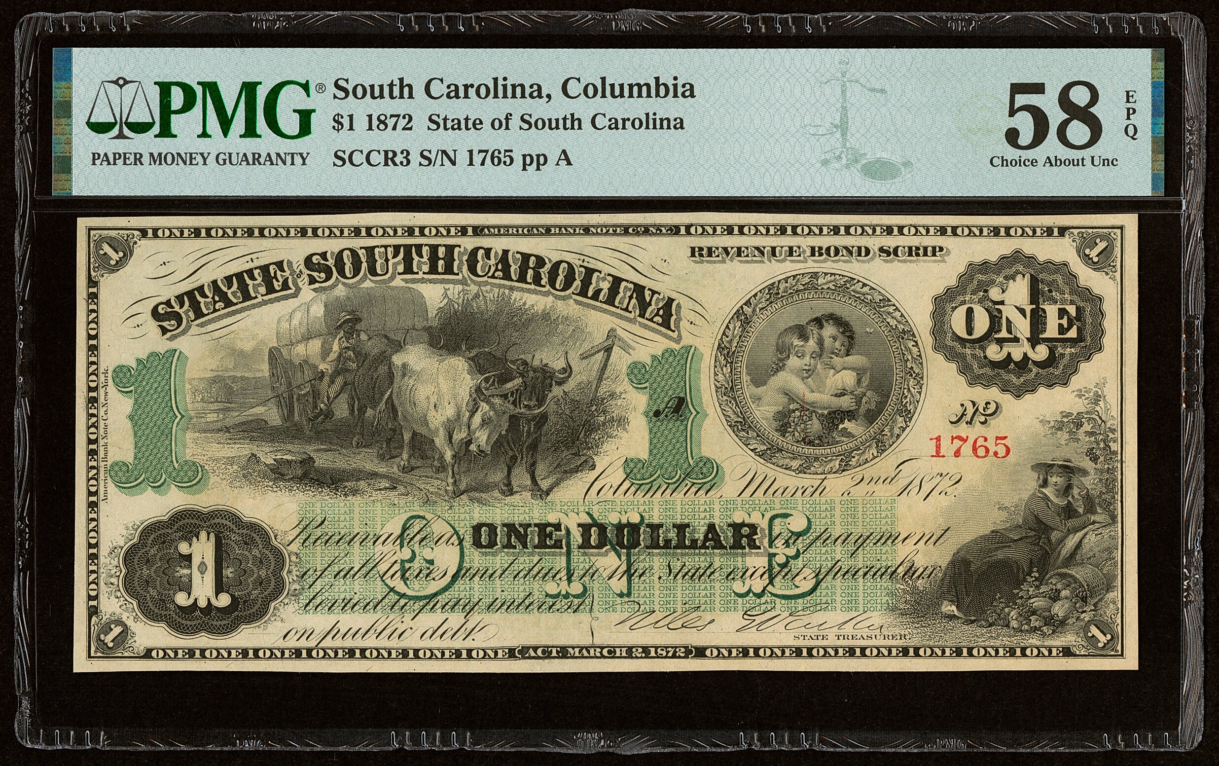 Columbia, SC- State of South Carolina $1 Mar. 2, 1872 Cr. 3 PMG | Lot ...