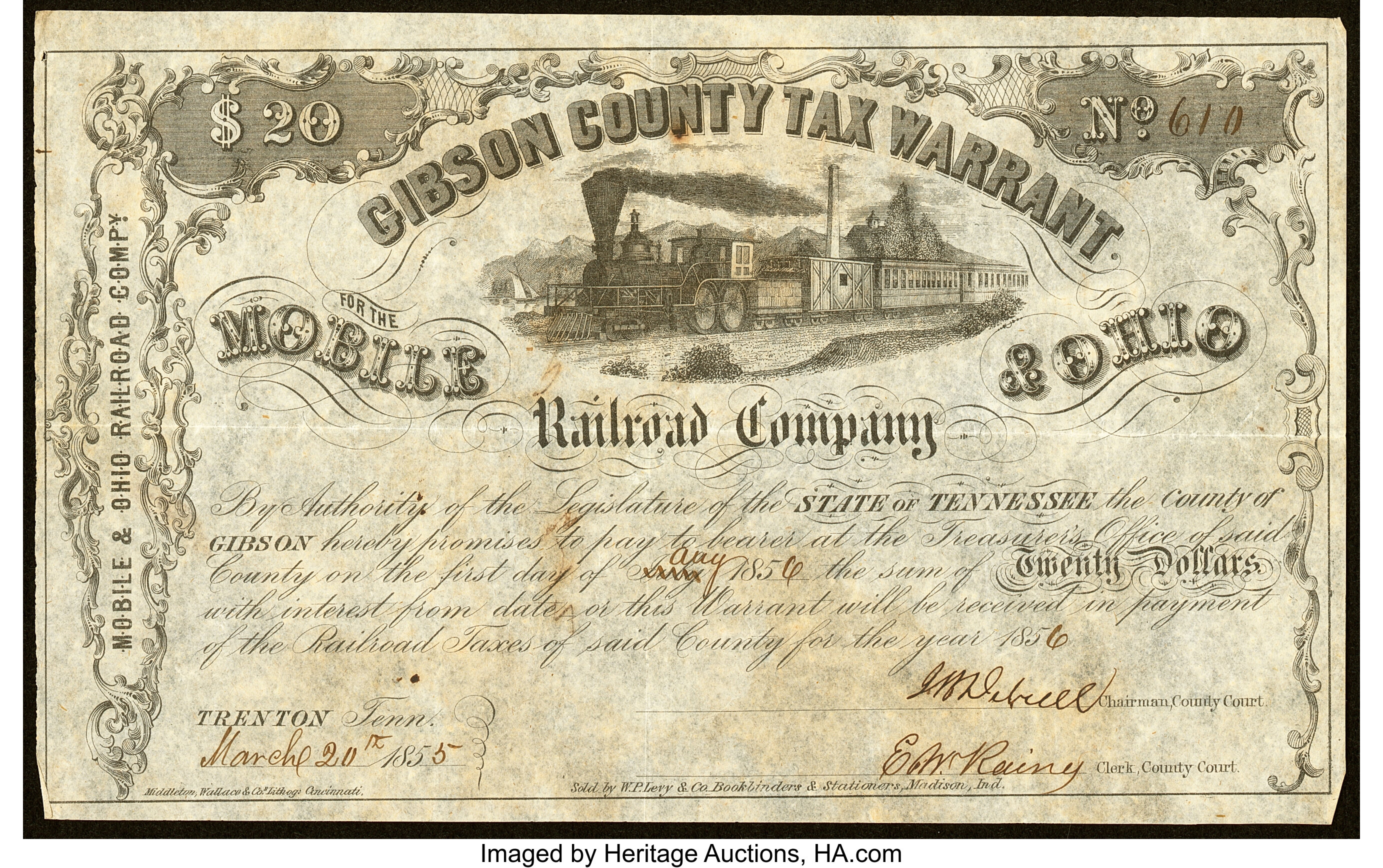 Trenton, TN- Gibson County Tax Warrant for the Mobile & Ohio | Lot ...