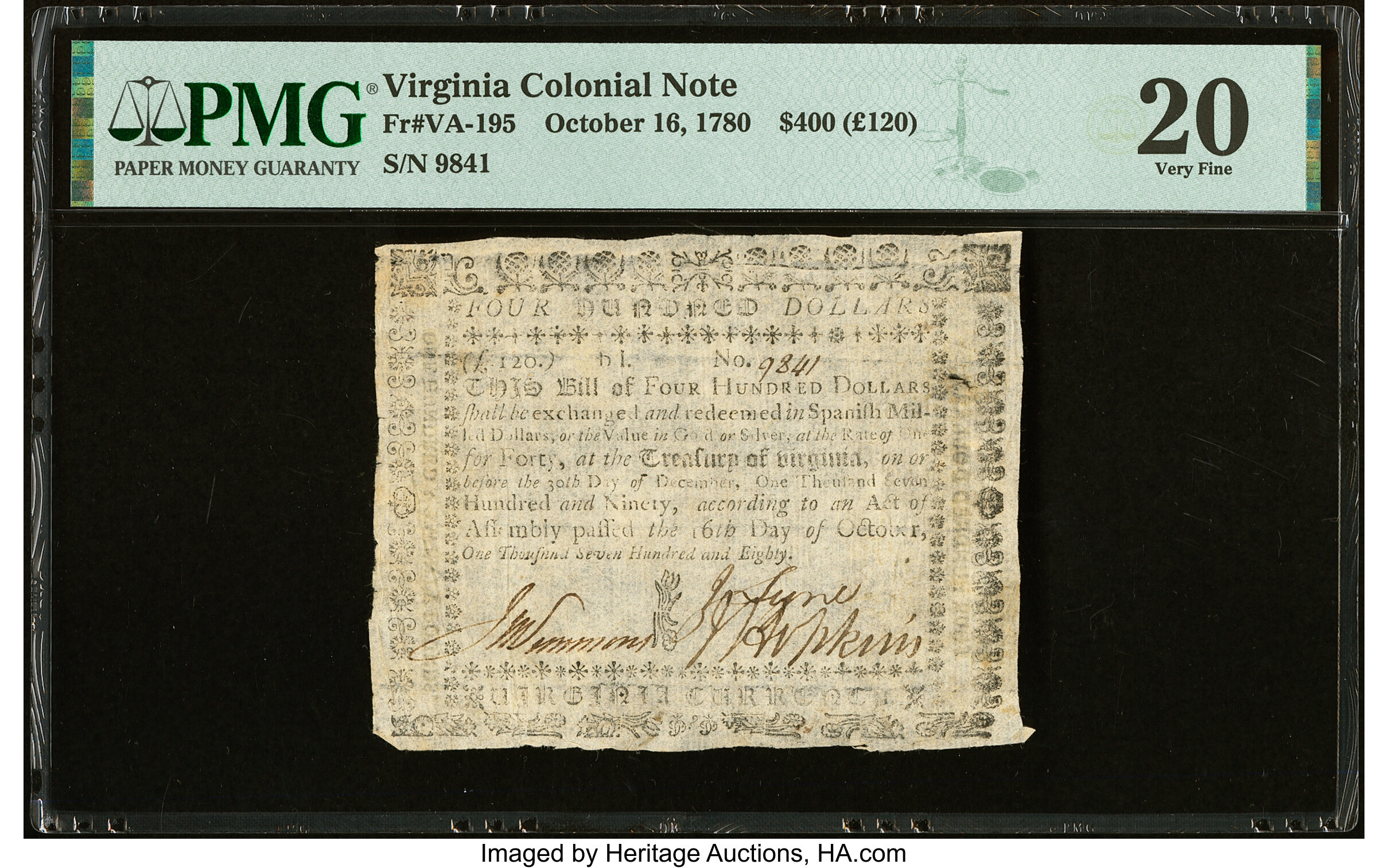 Virginia October 16, 1780 $400 PMG Very Fine 20.. ... Colonial | Lot ...