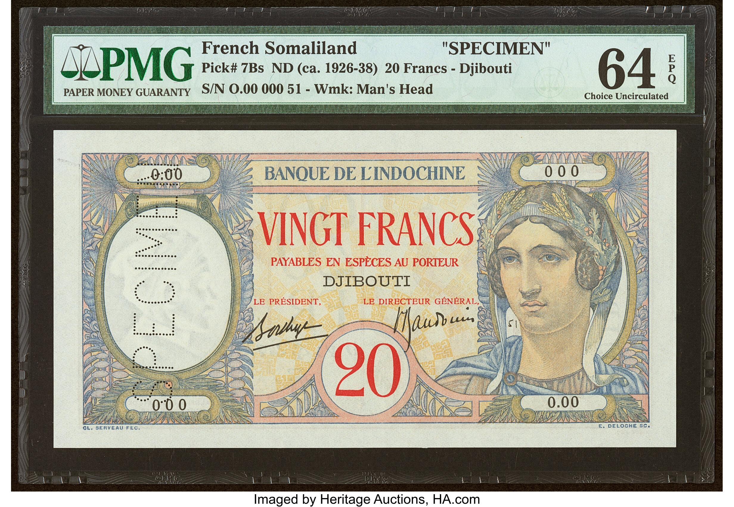 French Somaliland Banque de l'Indochine, Djibouti 20 Francs ND | Lot ...
