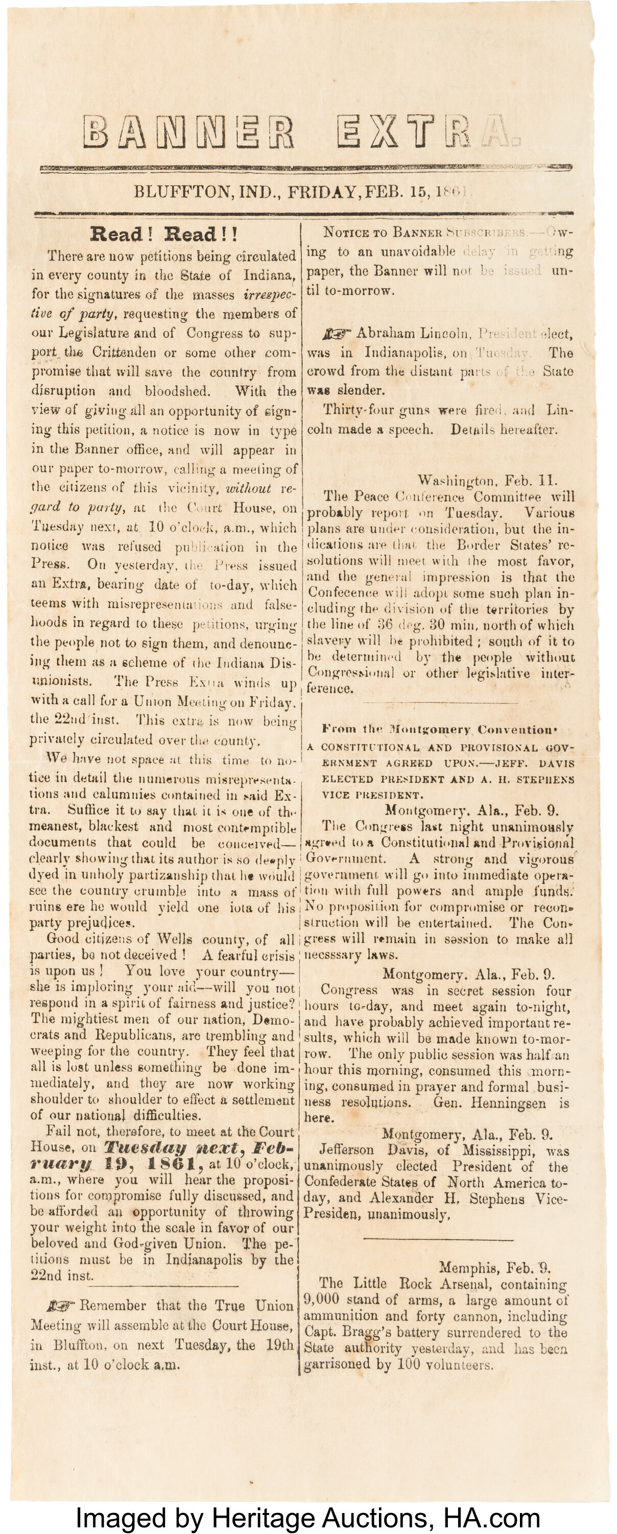 1861 CIVIL WAR NEWS BROADSIDE "EXTRA": THE FORMATION of the | Lot ...
