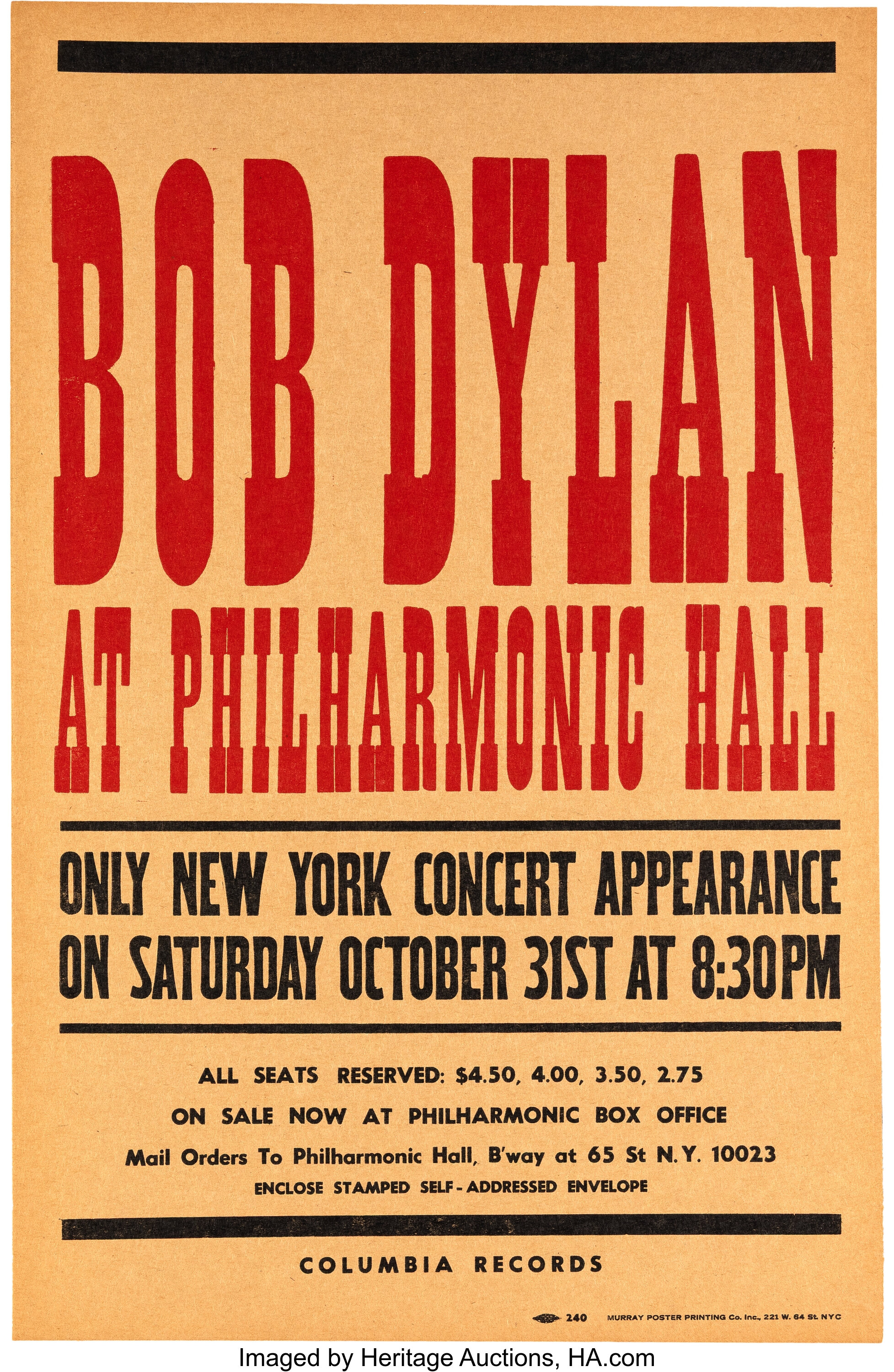 Bob Dylan 1964 Philharmonic Hall, NY Halloween Night Concert | Lot ...