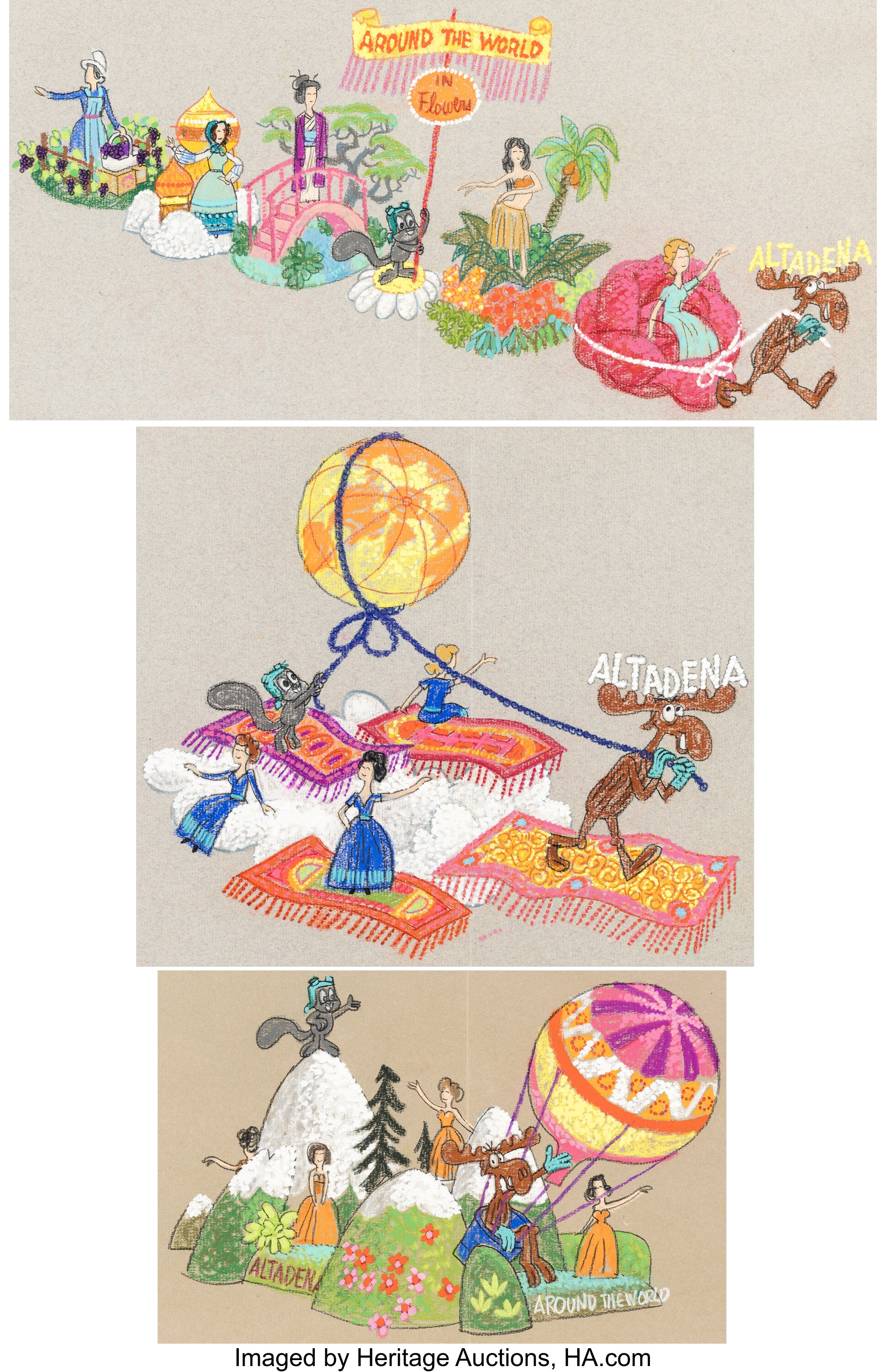 Rocky and Bullwinkle Rose Bowl Parade Float Drawings by Sam | Lot ...