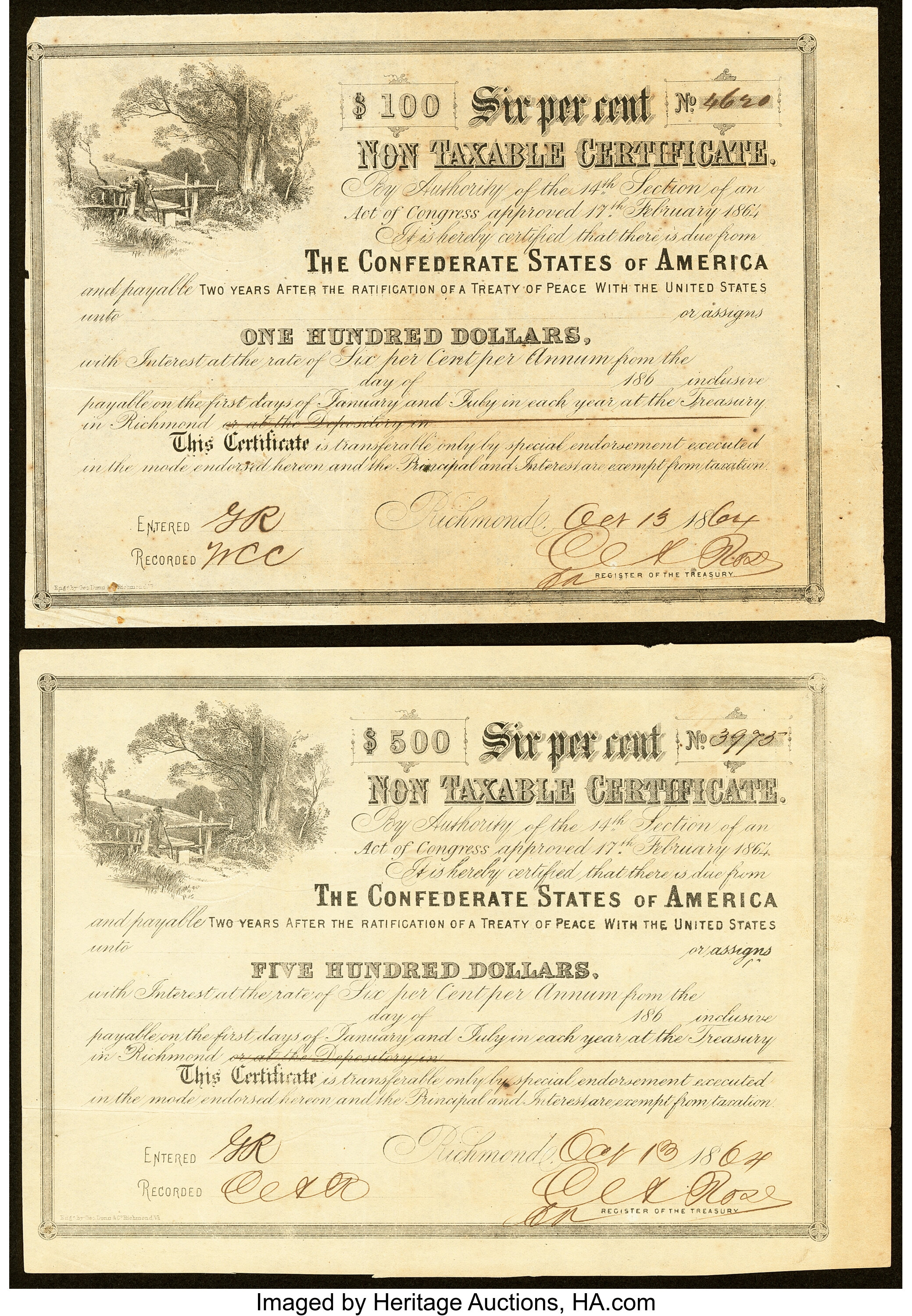 Ball 362 Cr. 152 $100 1864 Six Per Cent Non-Taxable Certificate | Lot ...