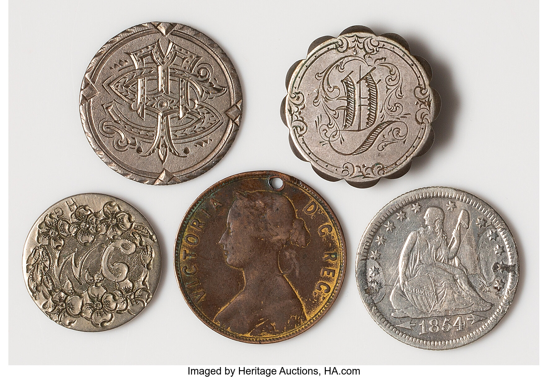Five Love Tokens on Various Host Coins. Most are on U.S. coins, | Lot ...