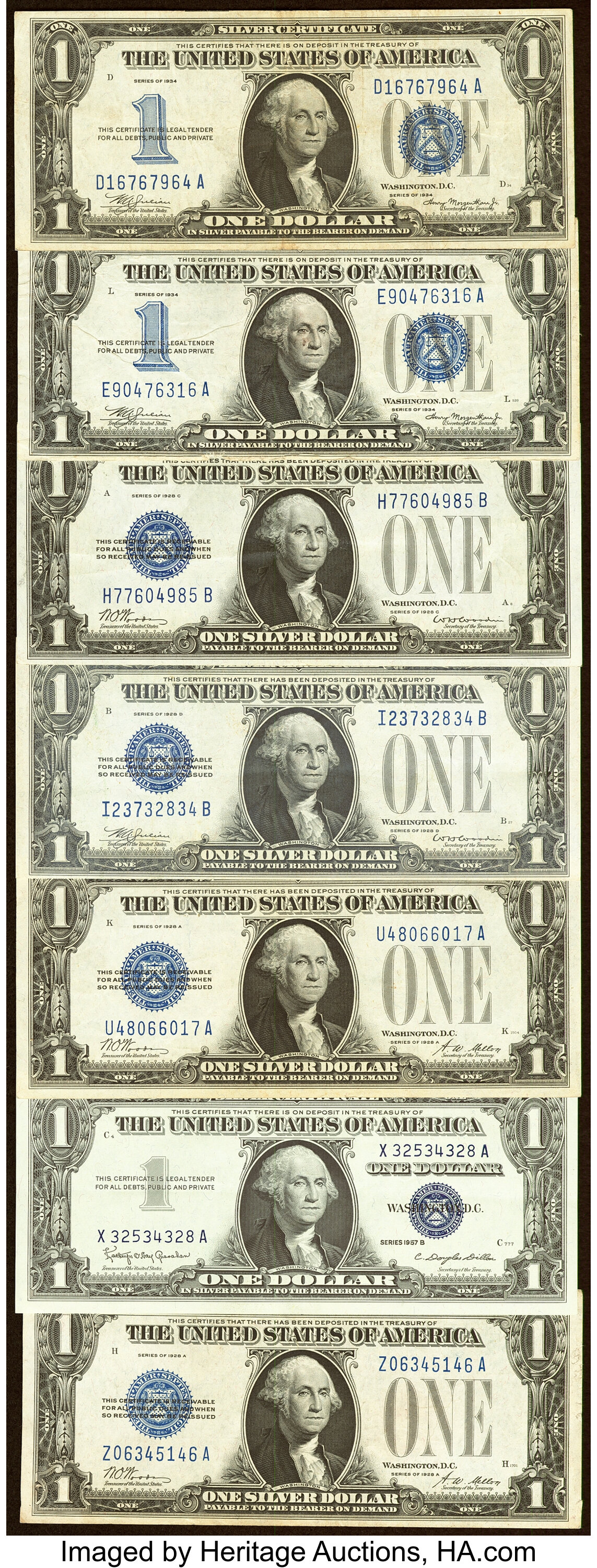 A Varied Assortment of Thirteen $1 and $5 Silver Certificates. Fine ...