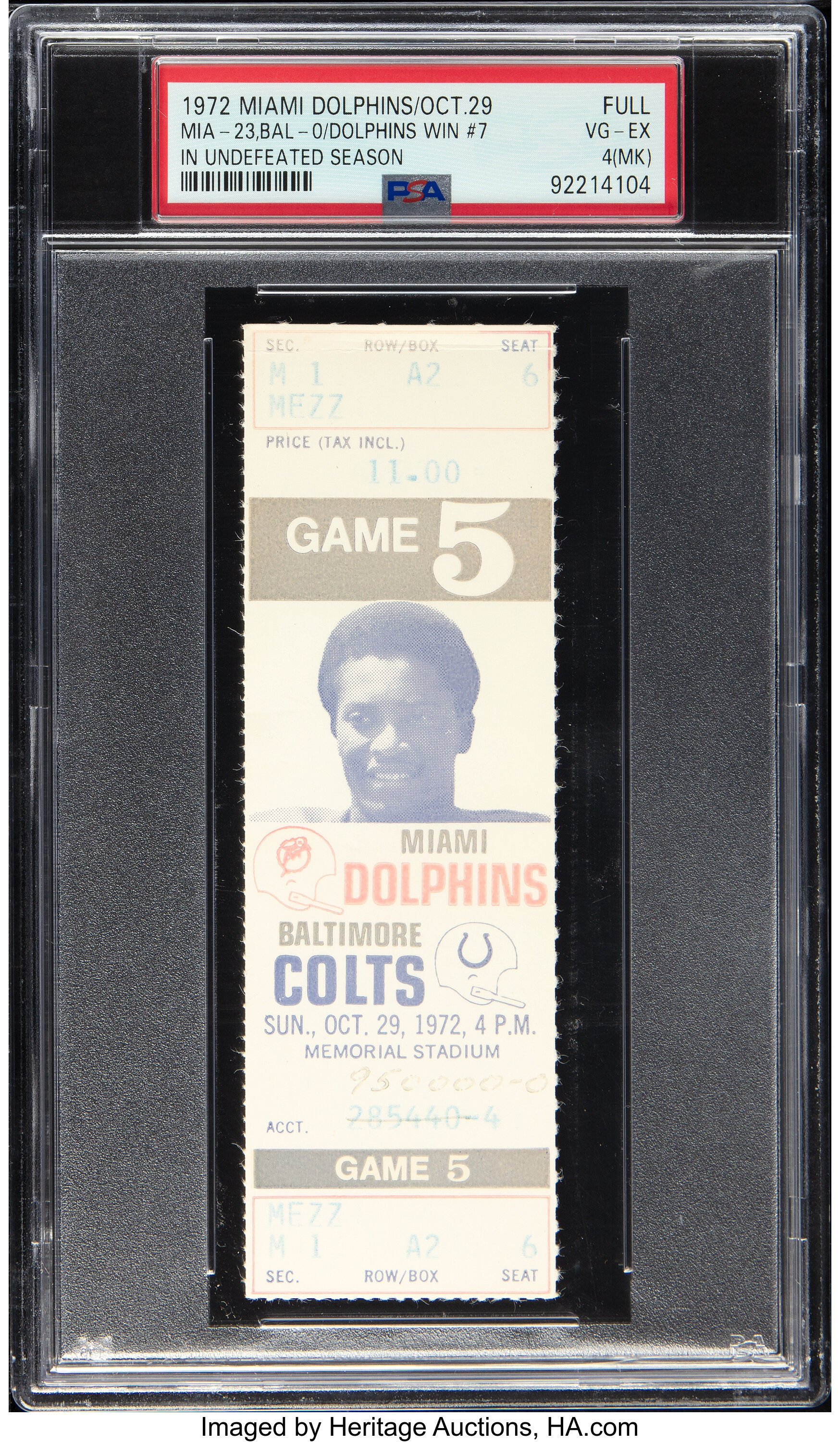 1972 Miami Dolphins vs. Baltimore Colts Full Ticket - Undefeated | Lot ...