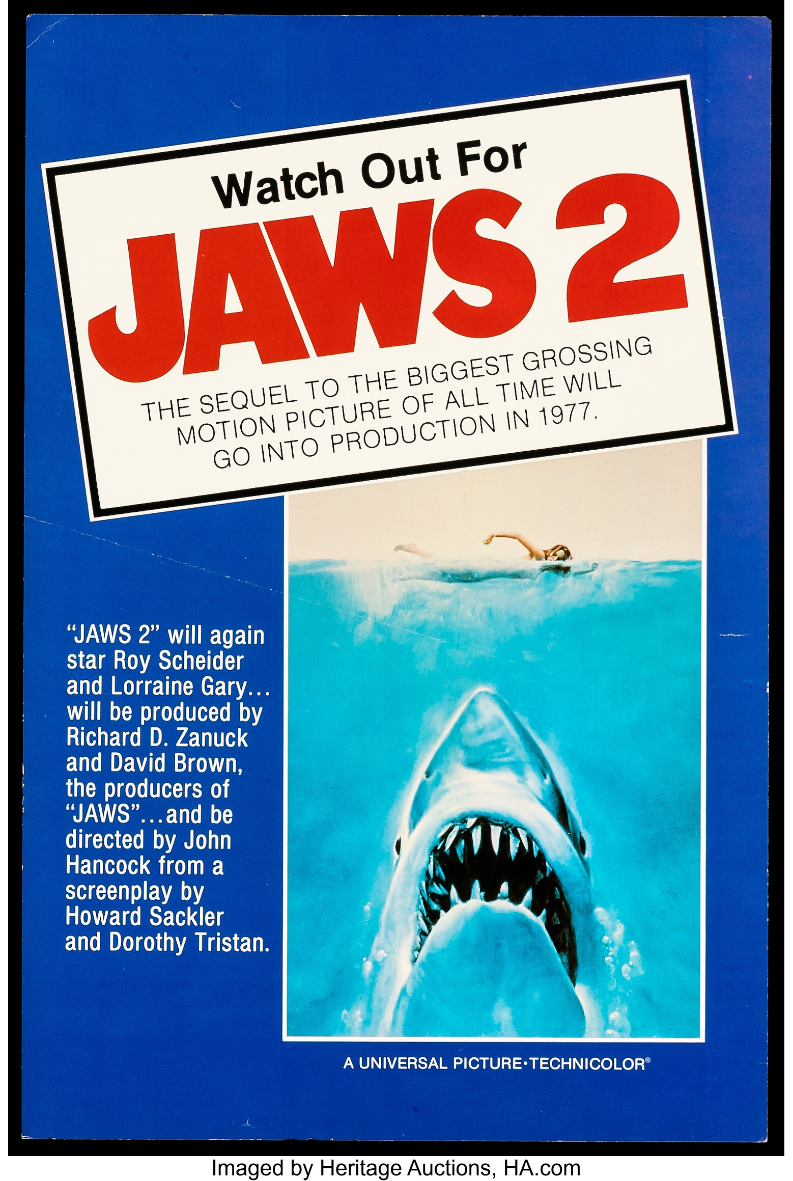 Jaws 2 (Universal, 1978 & R-1980). Very Fine-. Lobby Cards (6) (11 ...