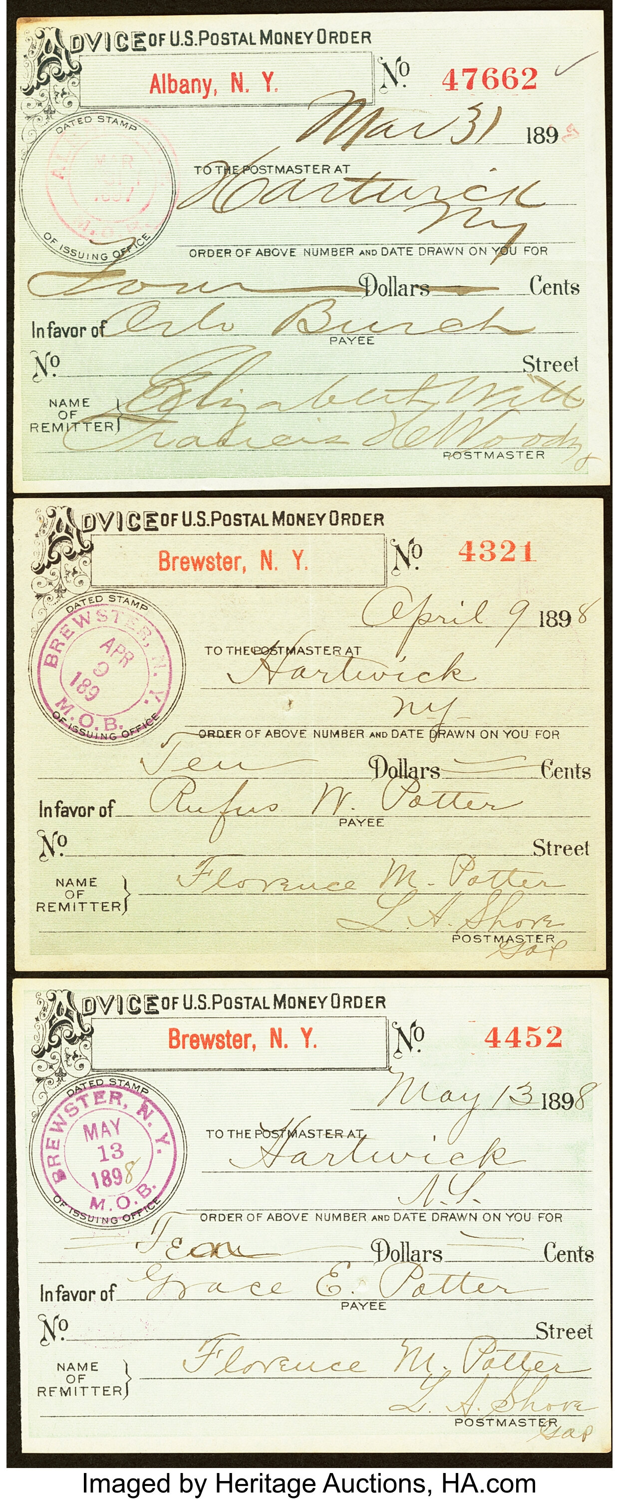 New York Advice of U.S. Postal Money Orders Various Amounts 1897-98 ...