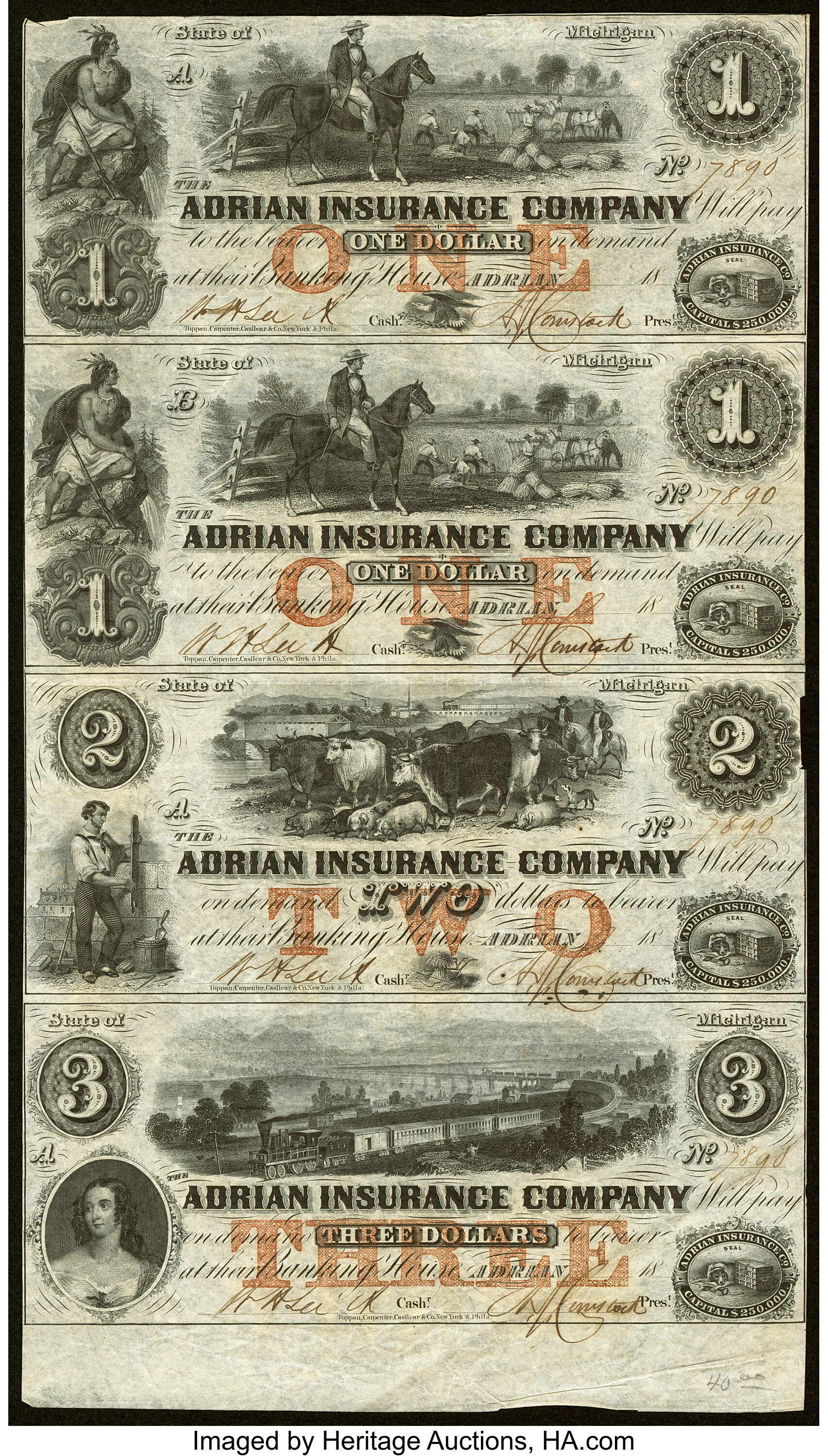 Adrian, MI- Adrian Insurance Company $1-$1-$2-$3 18__ Uncut Sheet | Lot ...