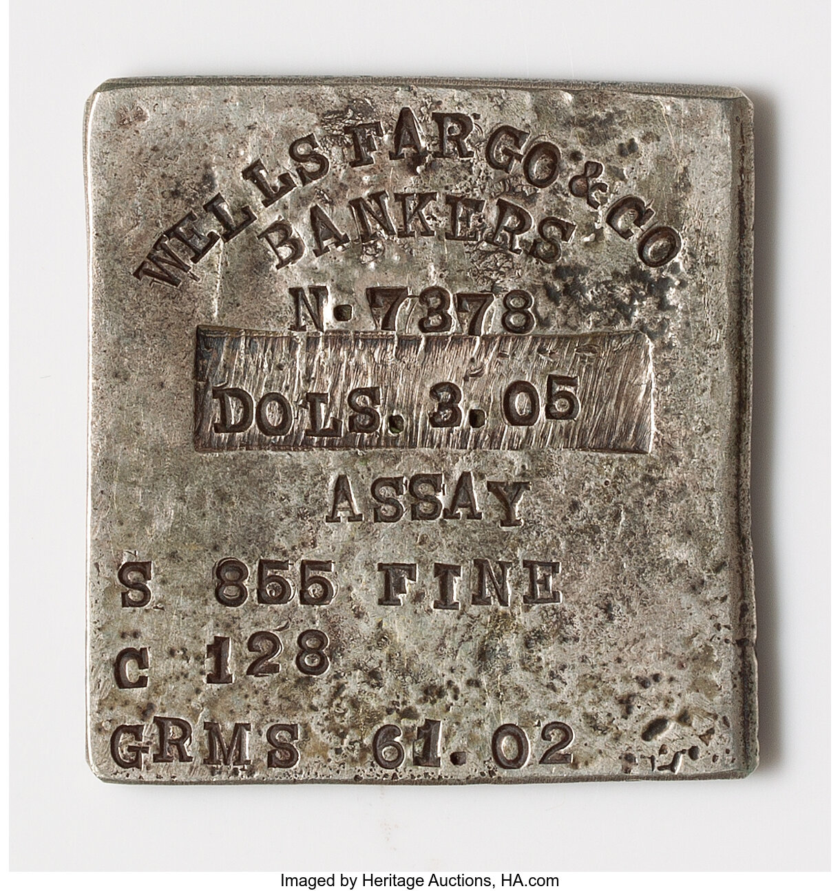 "Wells Fargo" Silver Bar. Squarish ingot has eight-line legend | Lot ...