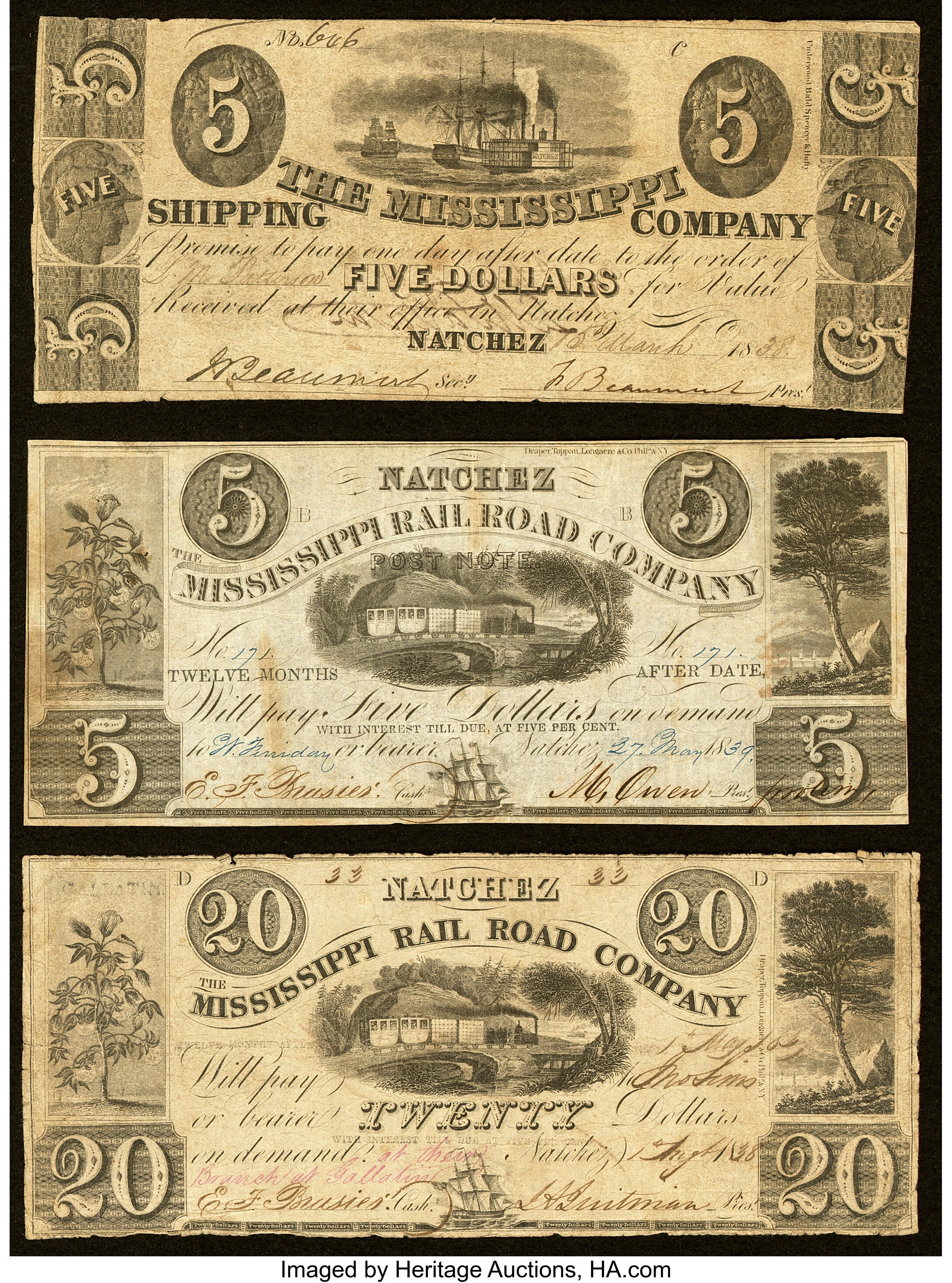 Natchez, MS- Mississippi Rail Road Company $5; $20 1838-39 Fine; | Lot ...