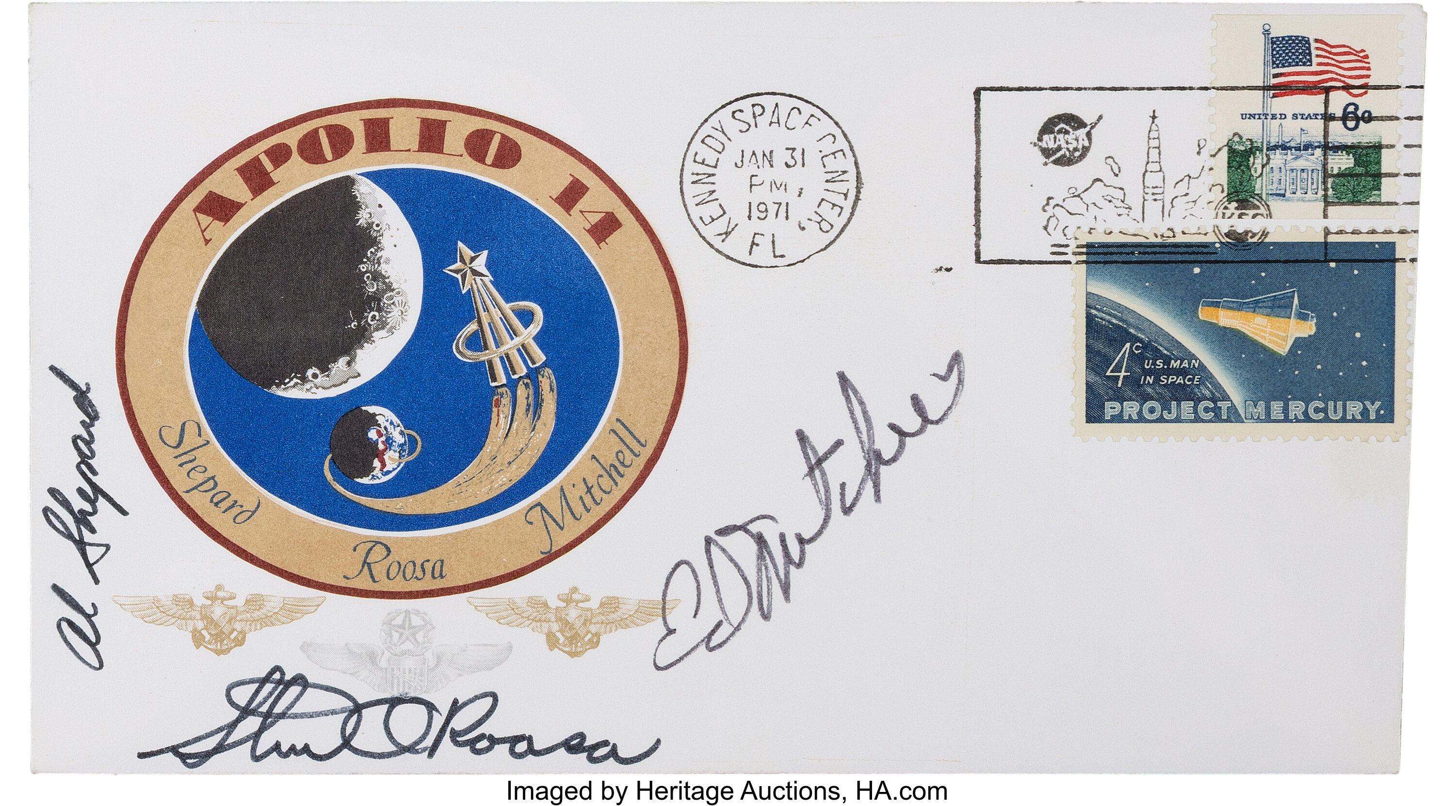 Apollo 14 Crew-Signed Launch Cover with a "Bishop" Mission Insignia ...