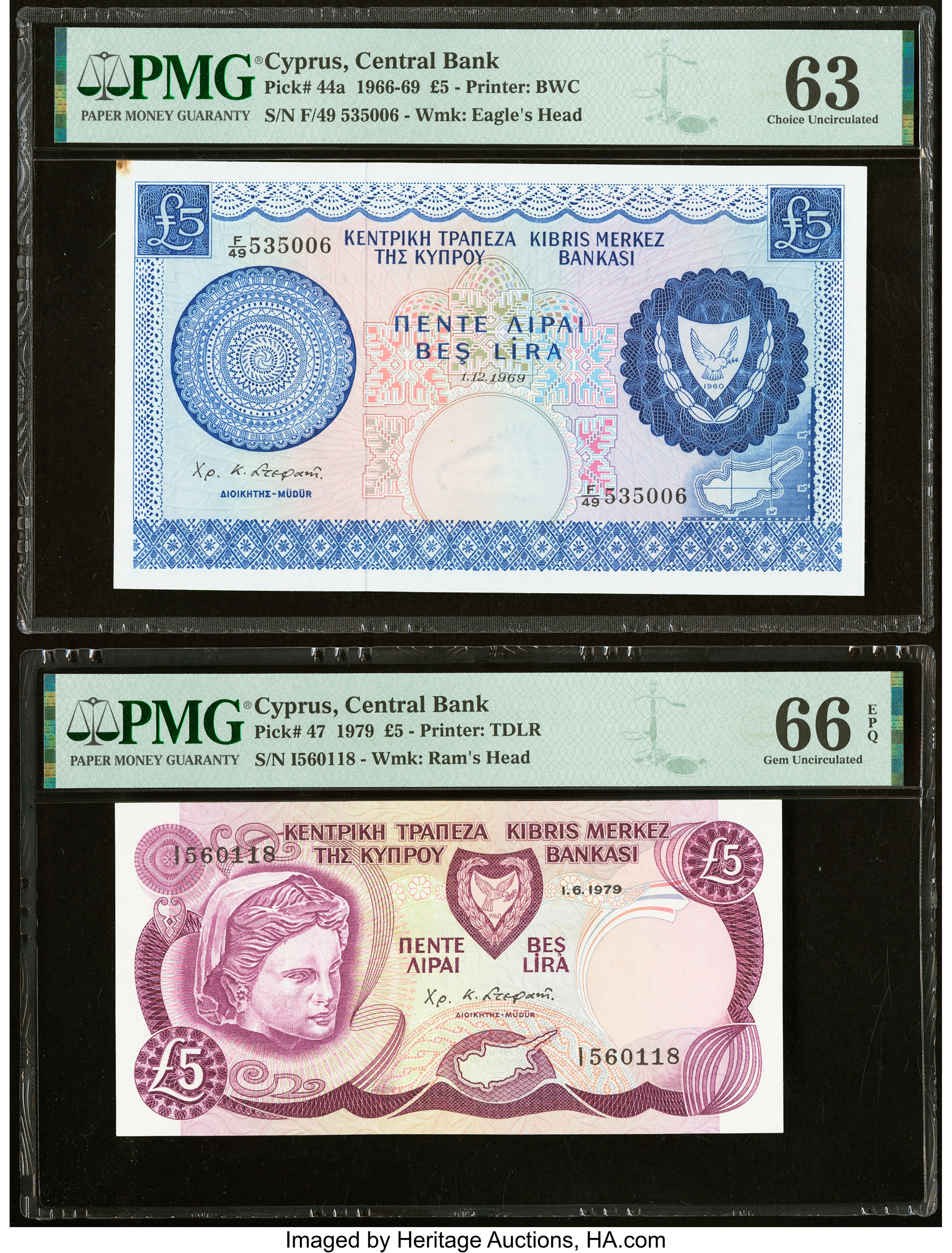 Cyprus Central Bank of Cyprus 5 Pounds (1969-79) Pick 44a; 47 Two | Lot ...