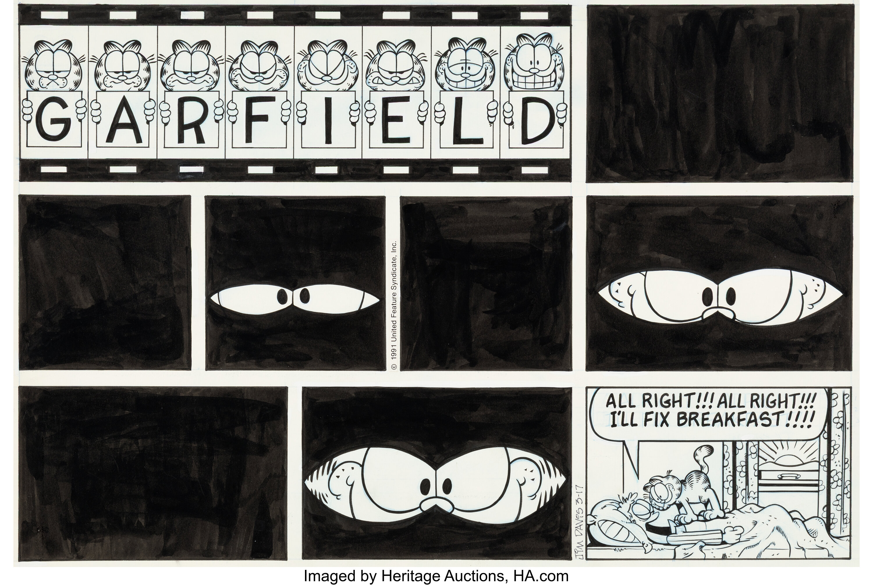 Jim Davis Garfield Sunday Comic Strip Original Art dated 3-17-91 | Lot ...