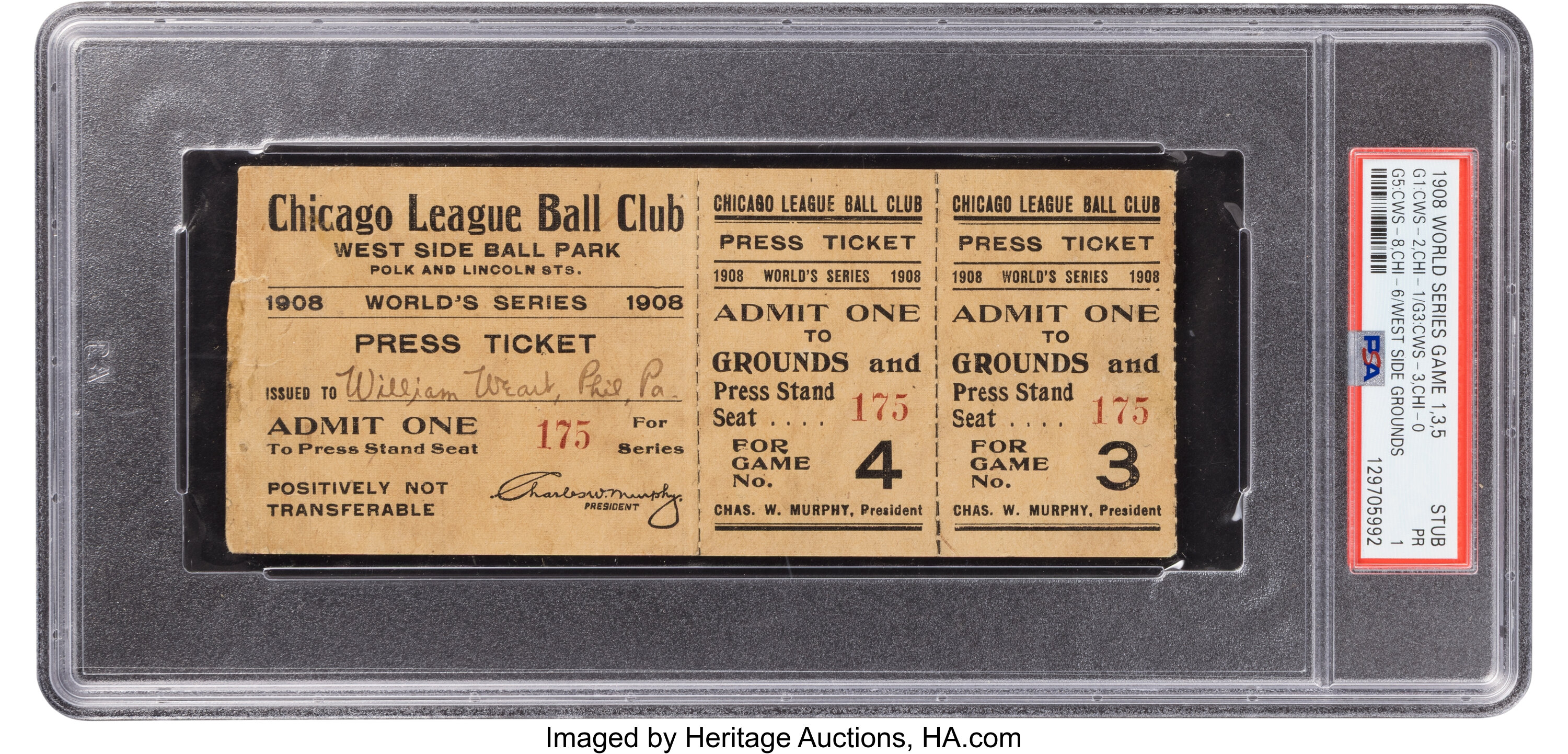 1908 World Series Press Ticket Stub (Chicago Cubs), PSA Poor 1 ...