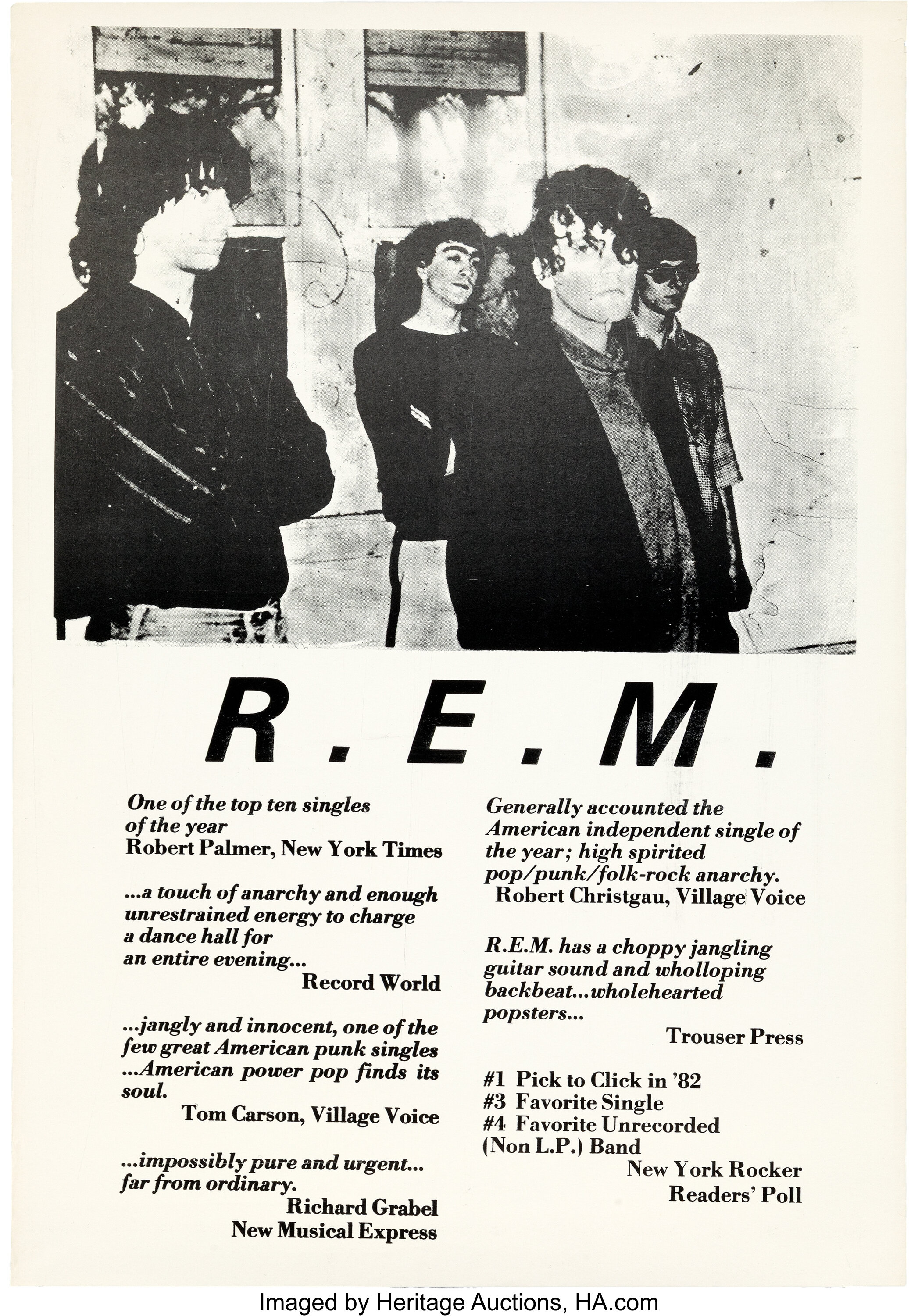R.E.M. Early 1980s/Pre-Murmur Promo Poster with Press Quotes.... | Lot ...