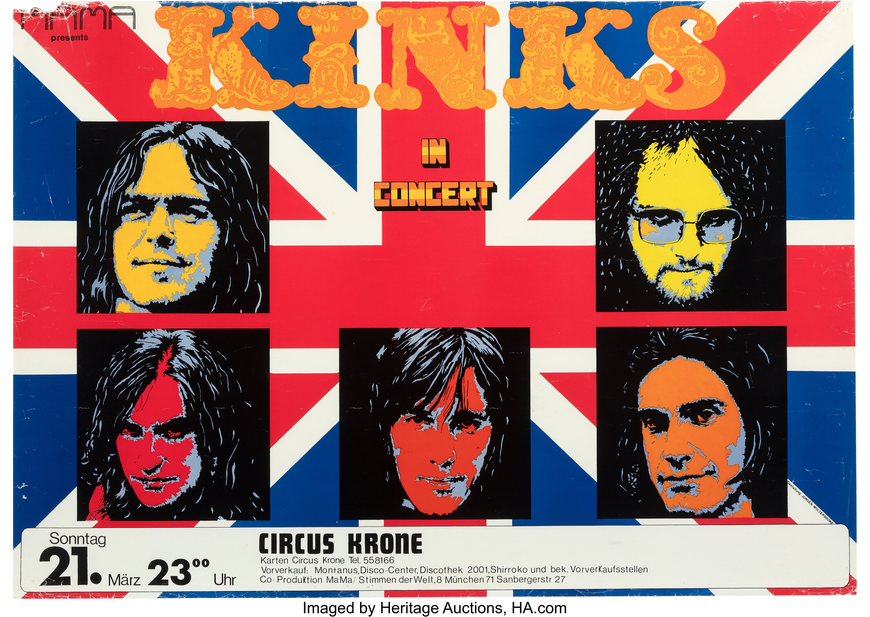The Kinks 1971 Offenbach, Germany Union Jack Concert Poster. ... | Lot ...