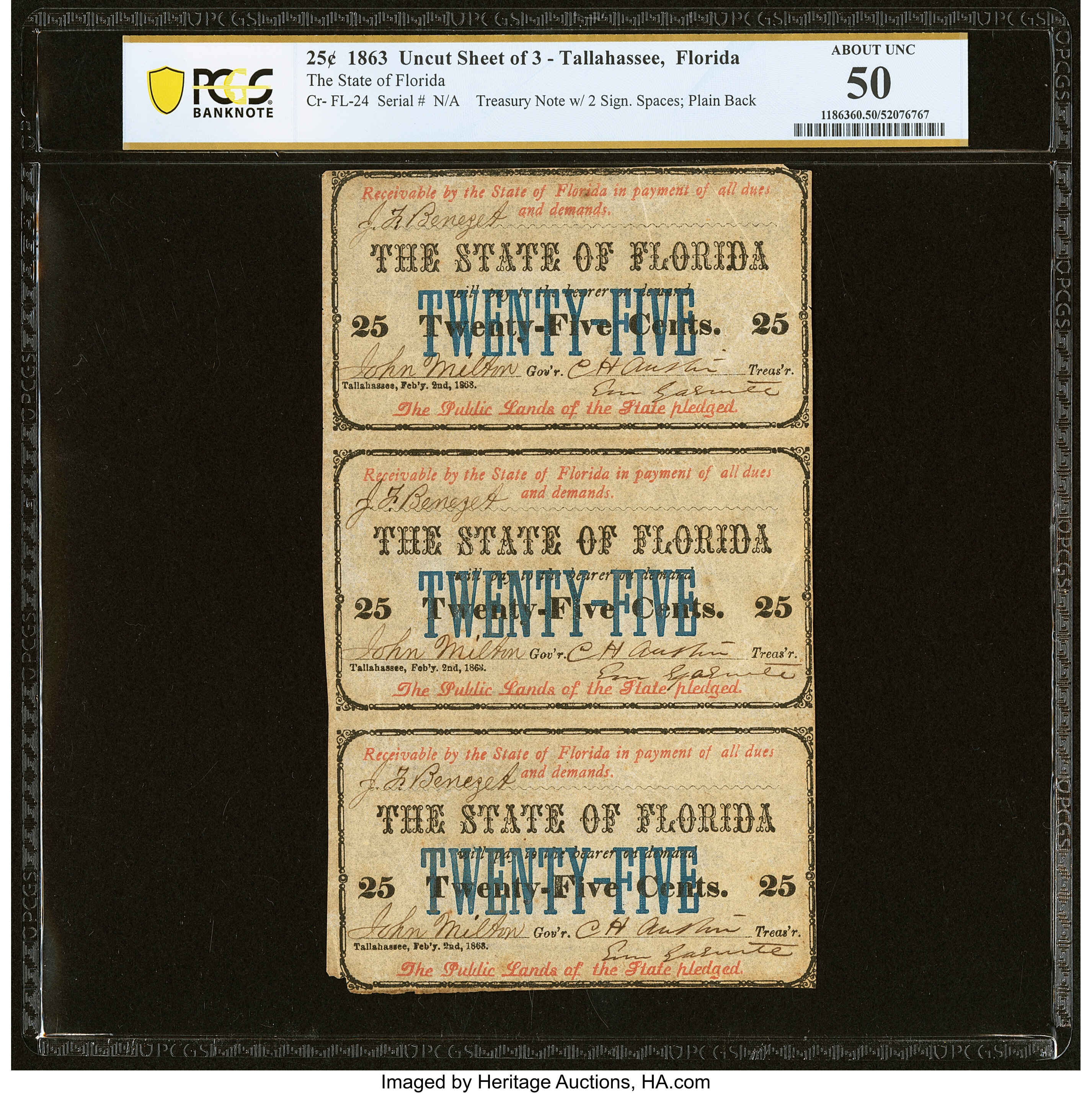 Tallahassee, FL- State of Florida 25¢ Feb. 2, 1863 Cr. 24 Vertical ...